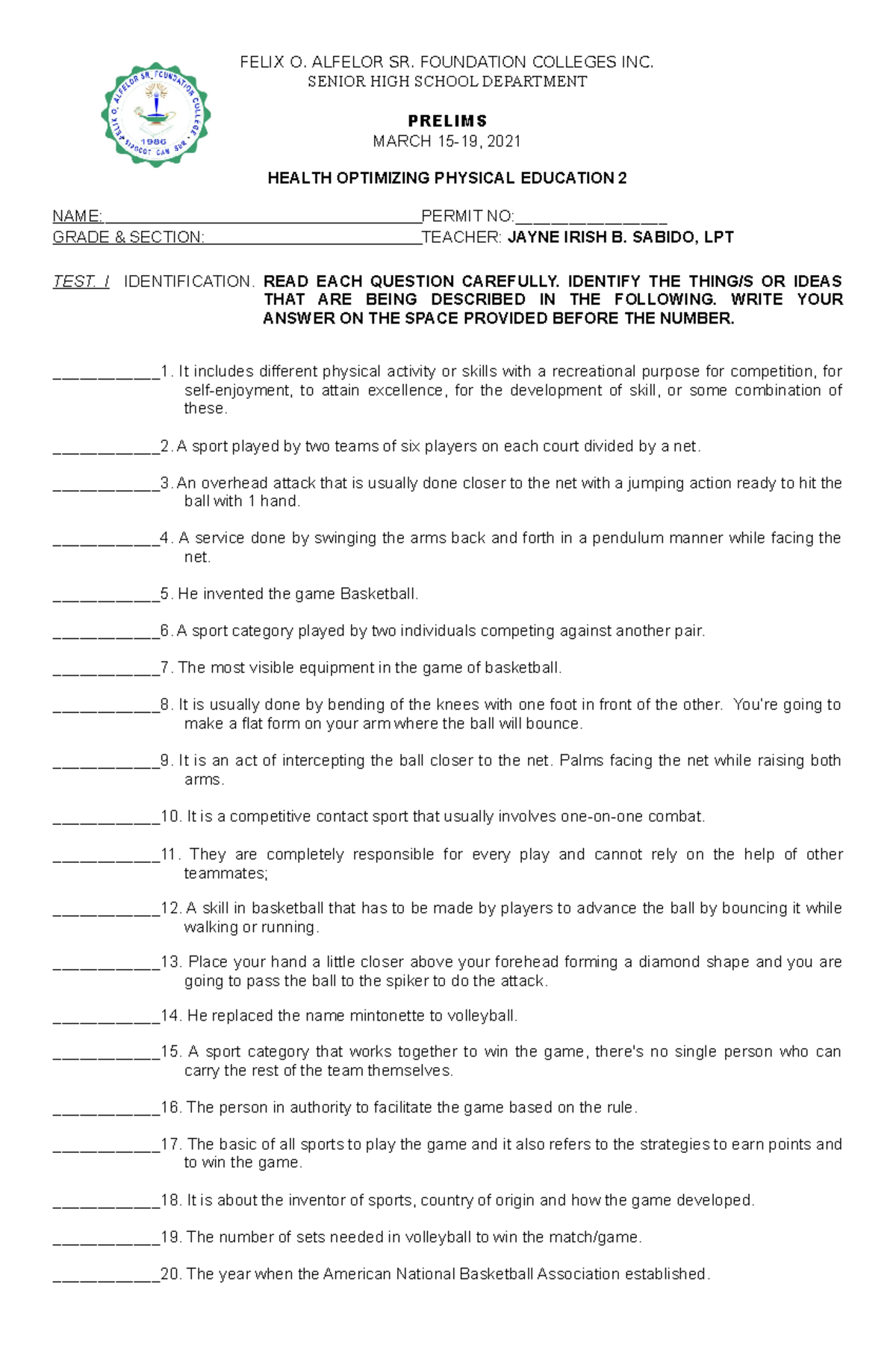 PE2-Prelims - Physical Education - Sports - FELIX O. ALFELOR SR ...