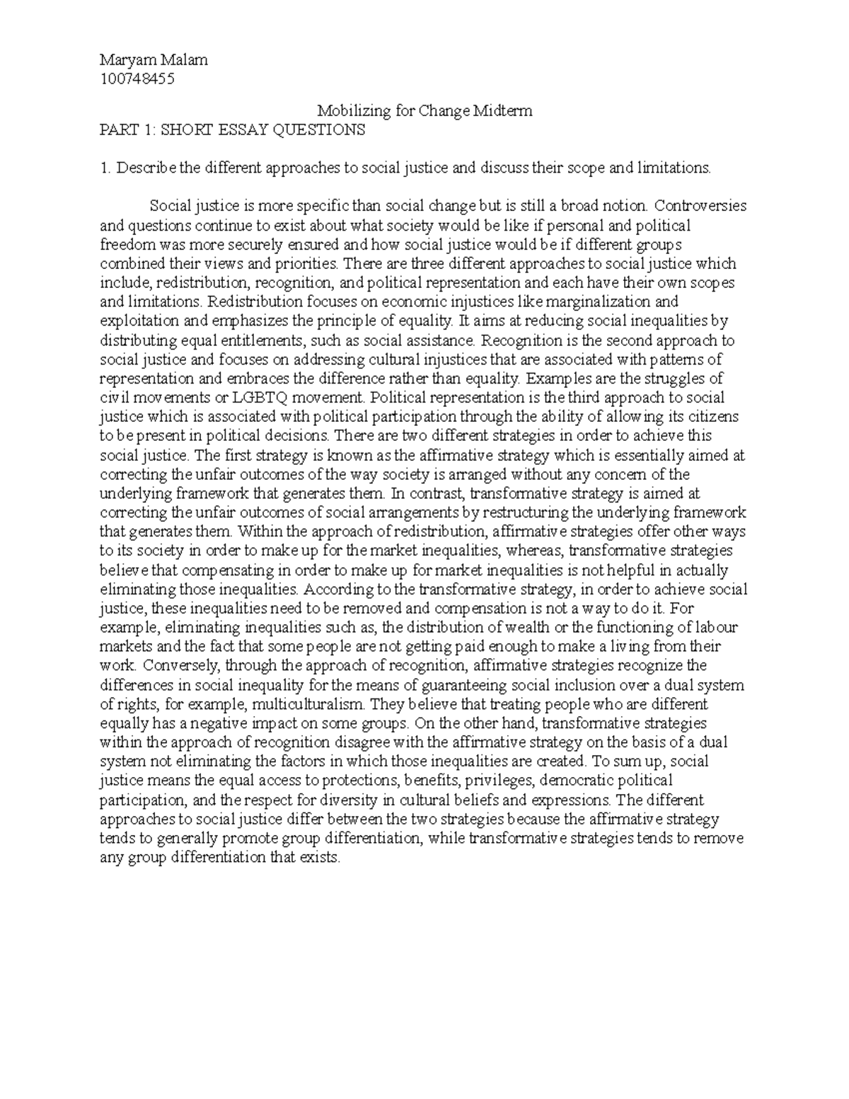 MFC Midterm - 100748455 Mobilizing for Change Midterm PART 1: SHORT ...