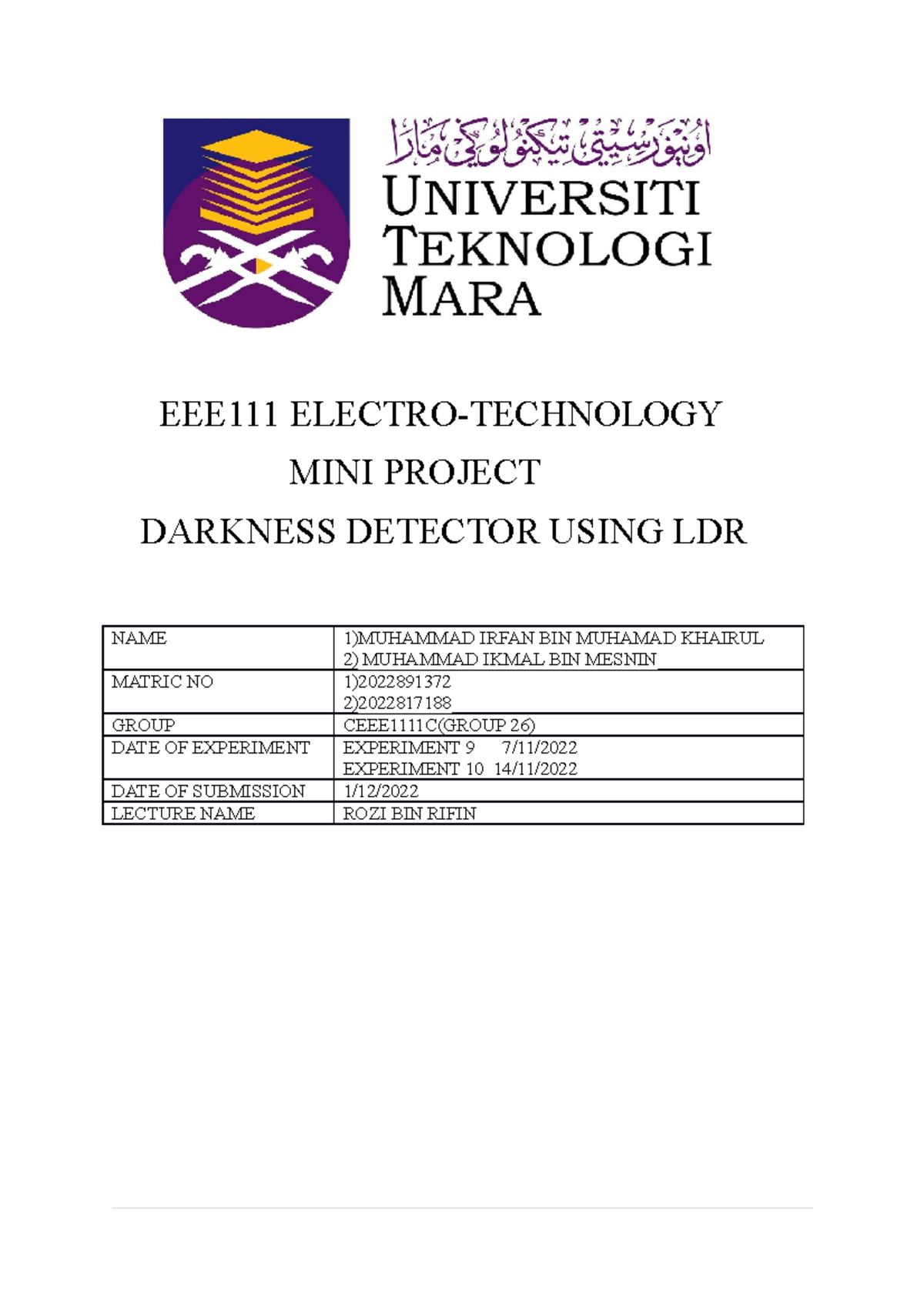 Long report Mini project - EEE111 ELECTRO-TECHNOLOGY MINI PROJECT ...
