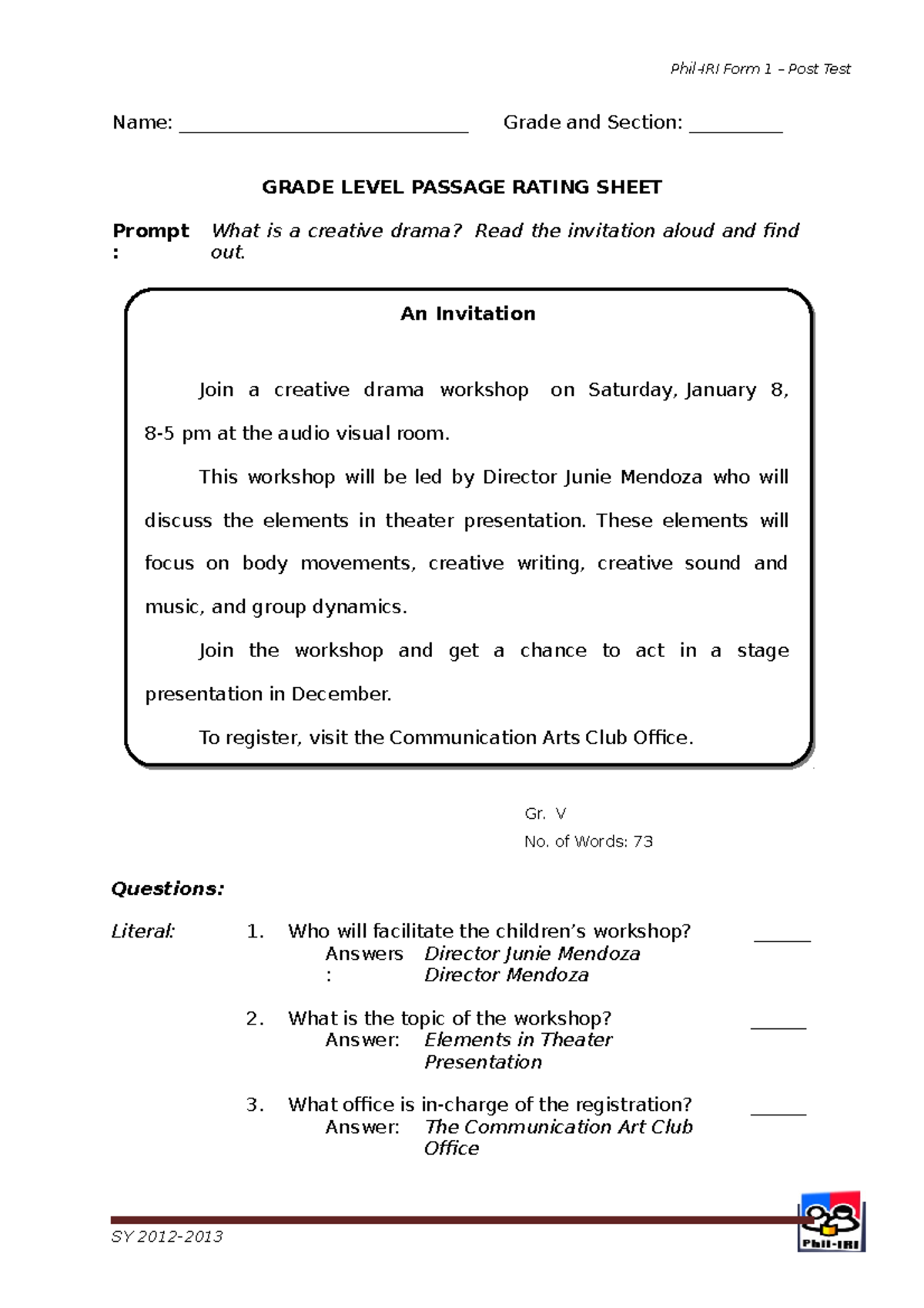 Grade 5.AN Invitation - none - Name ...