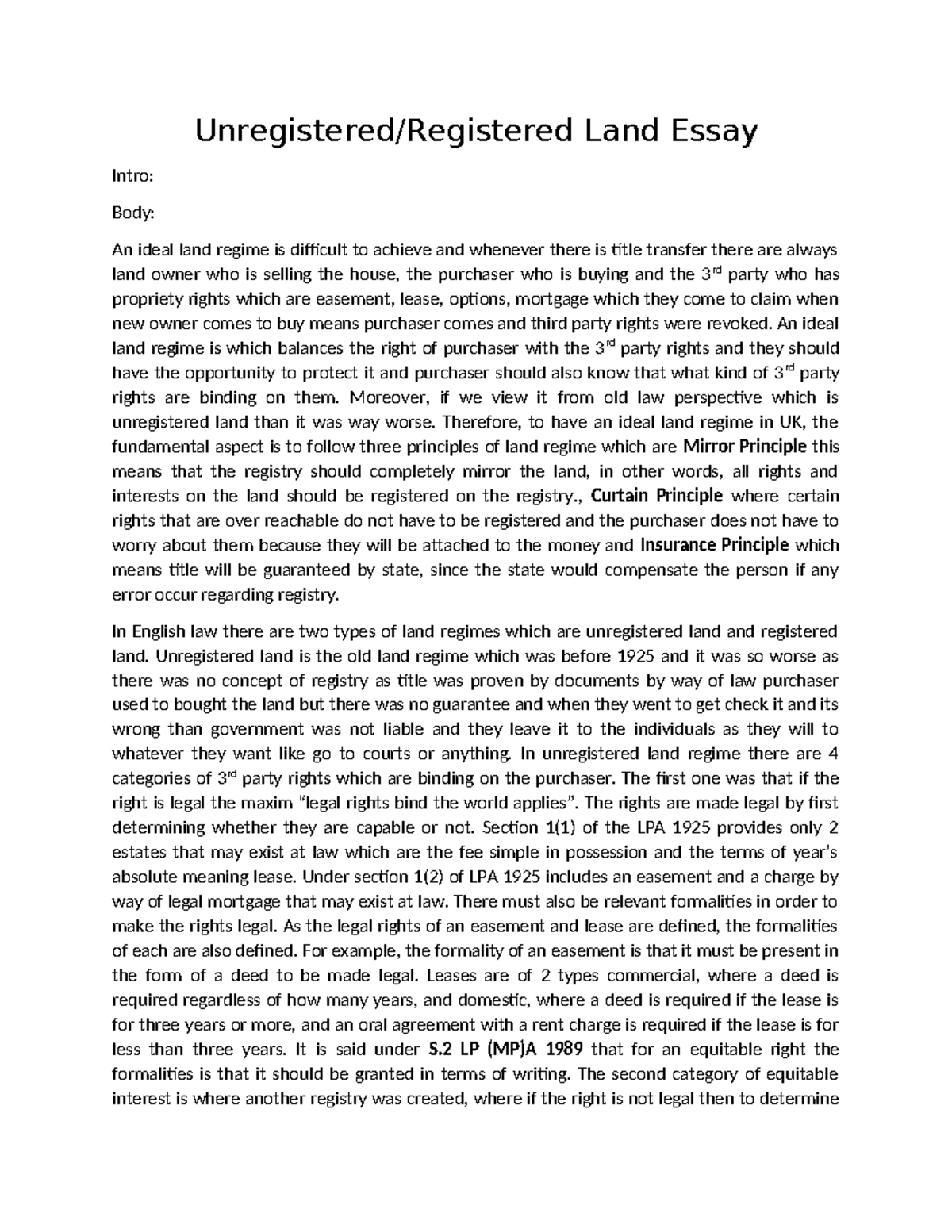 Unregistered register land essay - Unregistered/Registered Land Essay ...