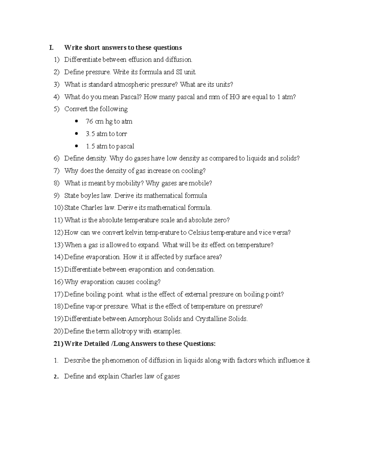 Chemistry chapter 5 - I. Write short answers to these questions 1 ...