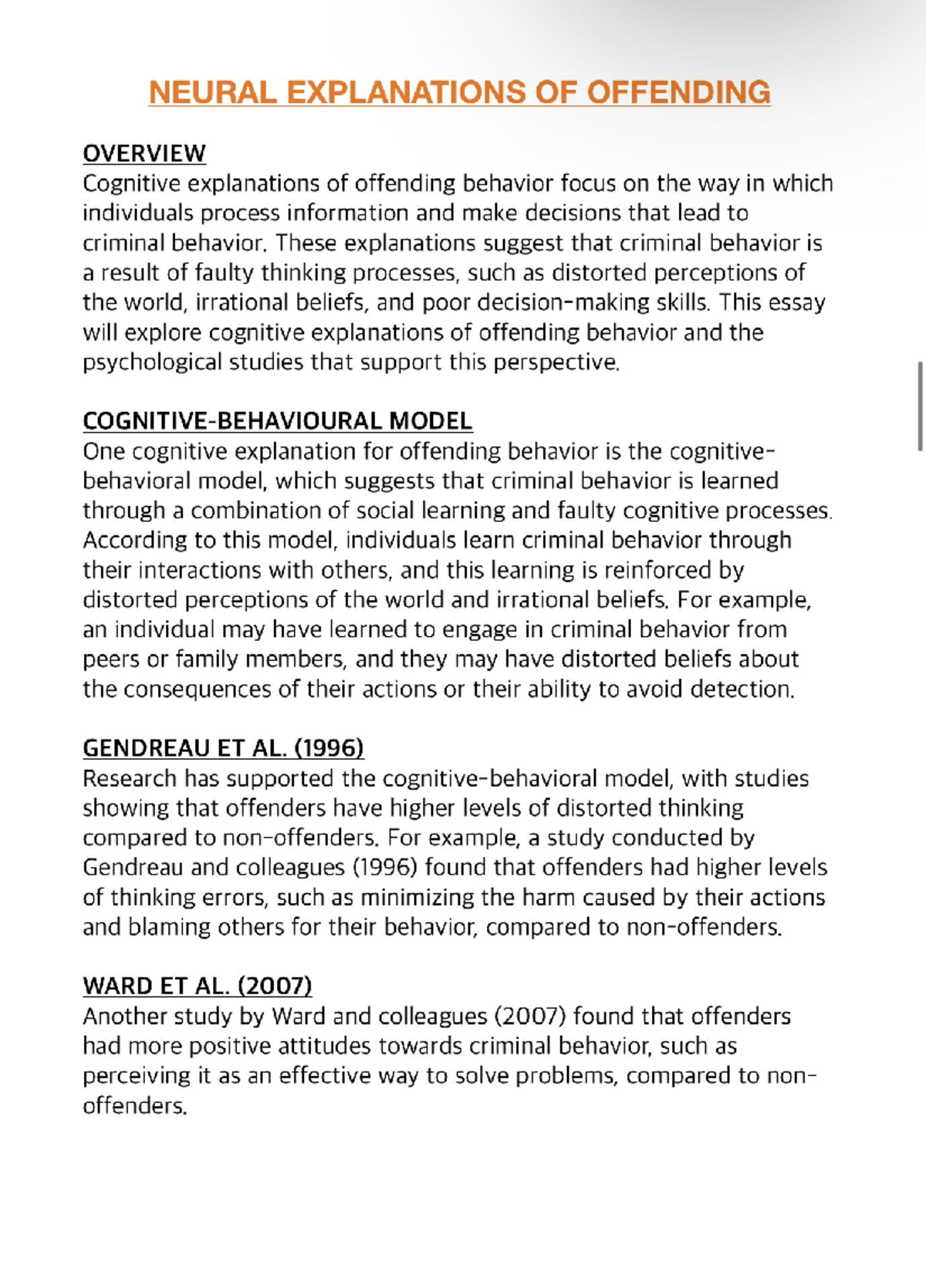Notes: Cognitive Explanations of Offending Behaviour - 8675 - Studocu