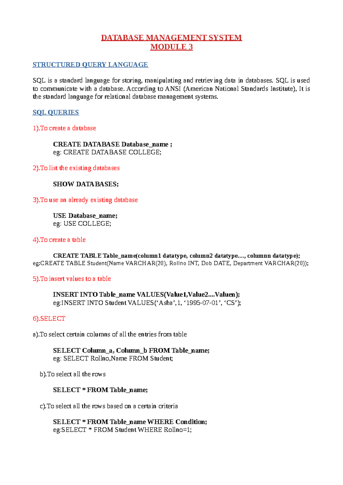 Dbms Module 3 Modified Database Management System Module 3 Structured Query Language Sql Is A