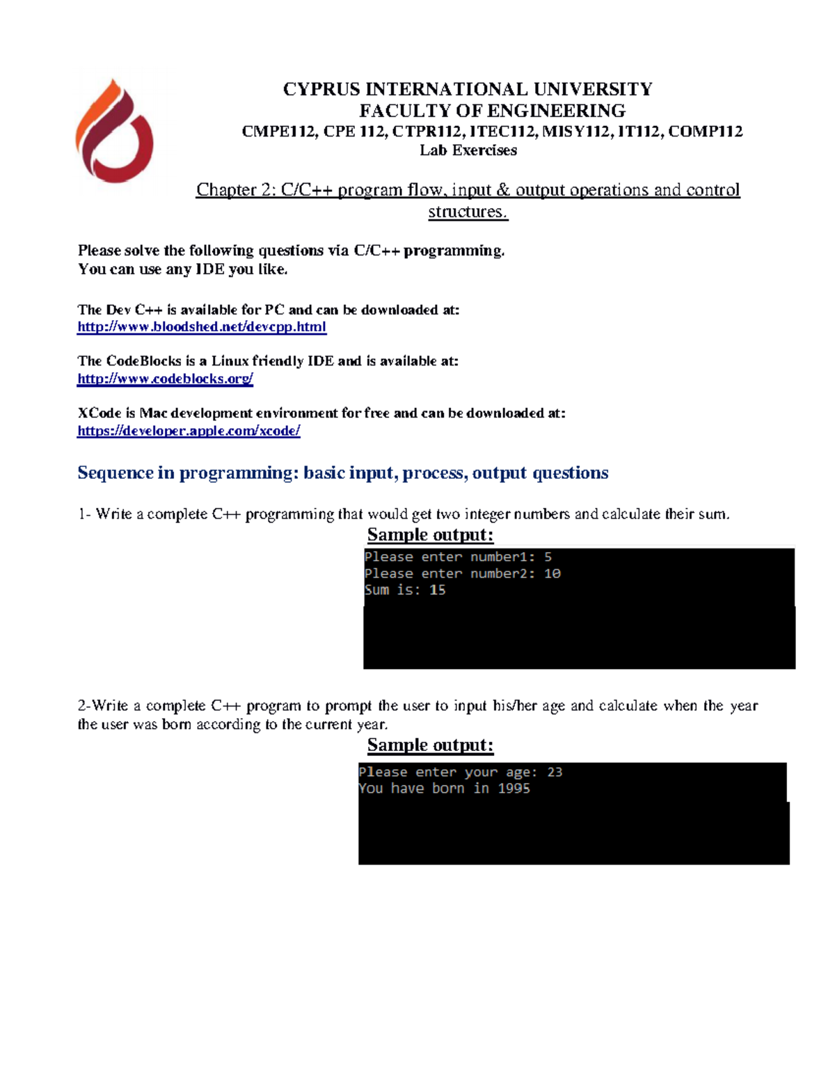 CMPE112-LAB2 - YFGPH - CYPRUS INTERNATIONAL UNIVERSITY FACULTY OF ENGINEERING CMPE112, CPE 112 ...