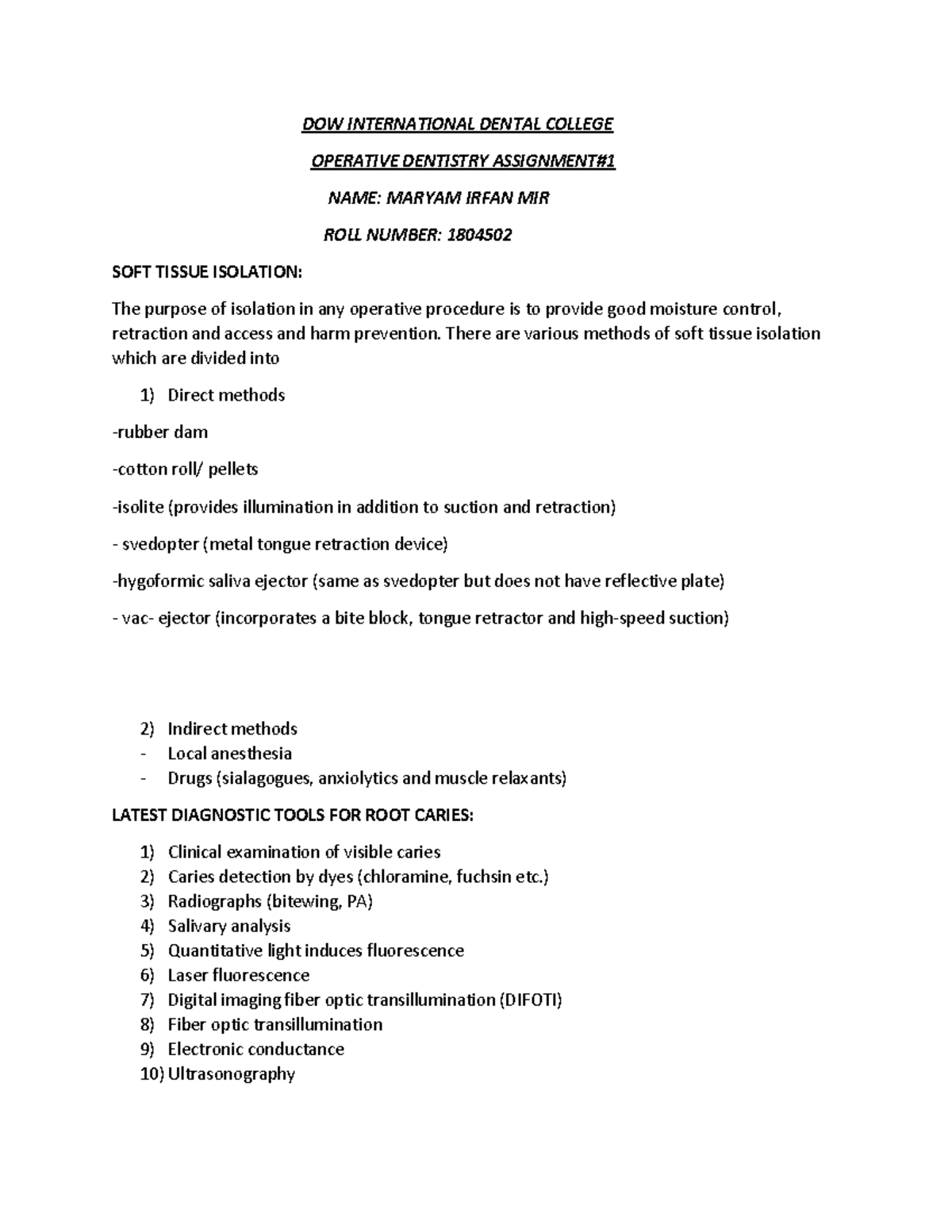 Operative assignment - DOW INTERNATIONAL DENTAL COLLEGE OPERATIVE ...