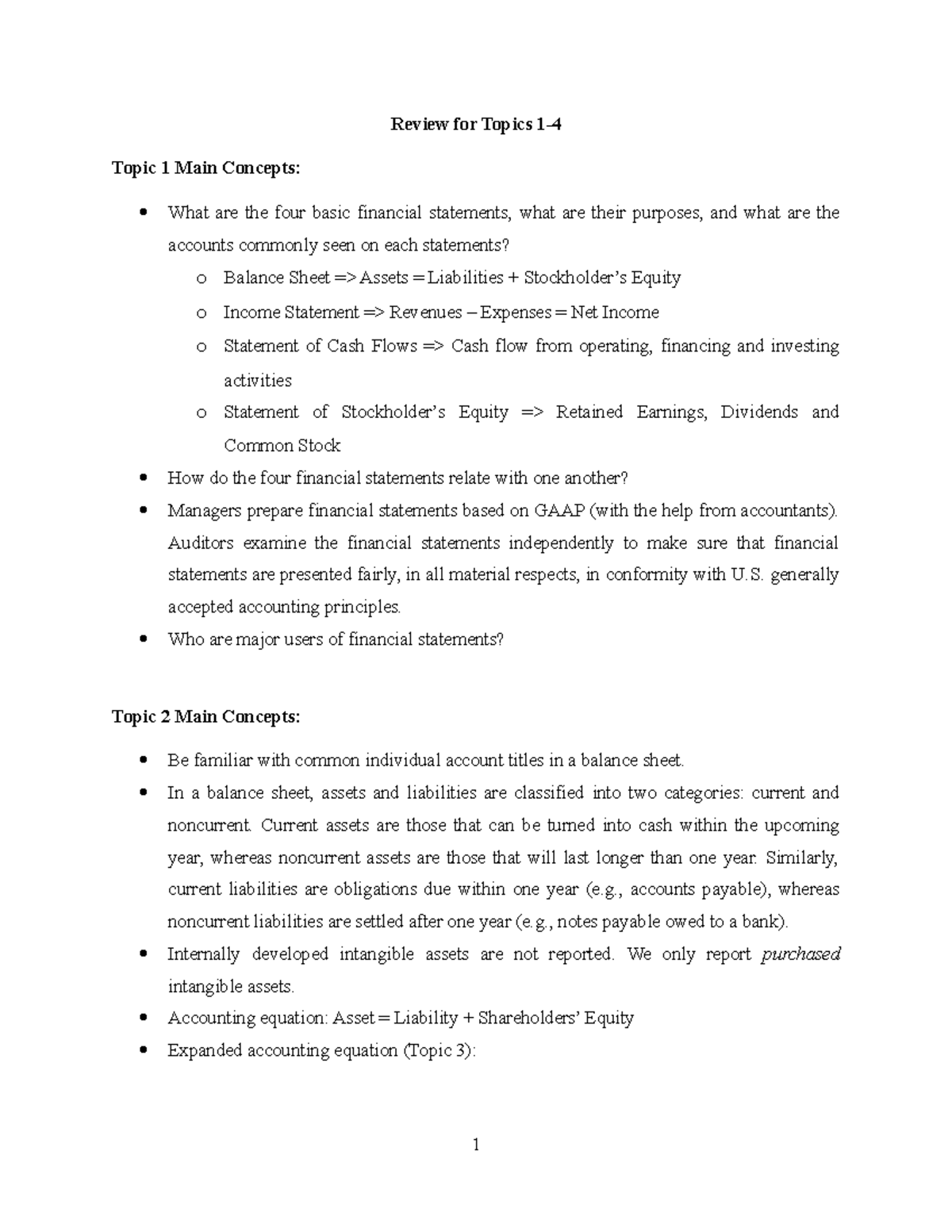 Topics 1-4 Review - Review for Topics 1- Topic 1 Main Concepts: What ...