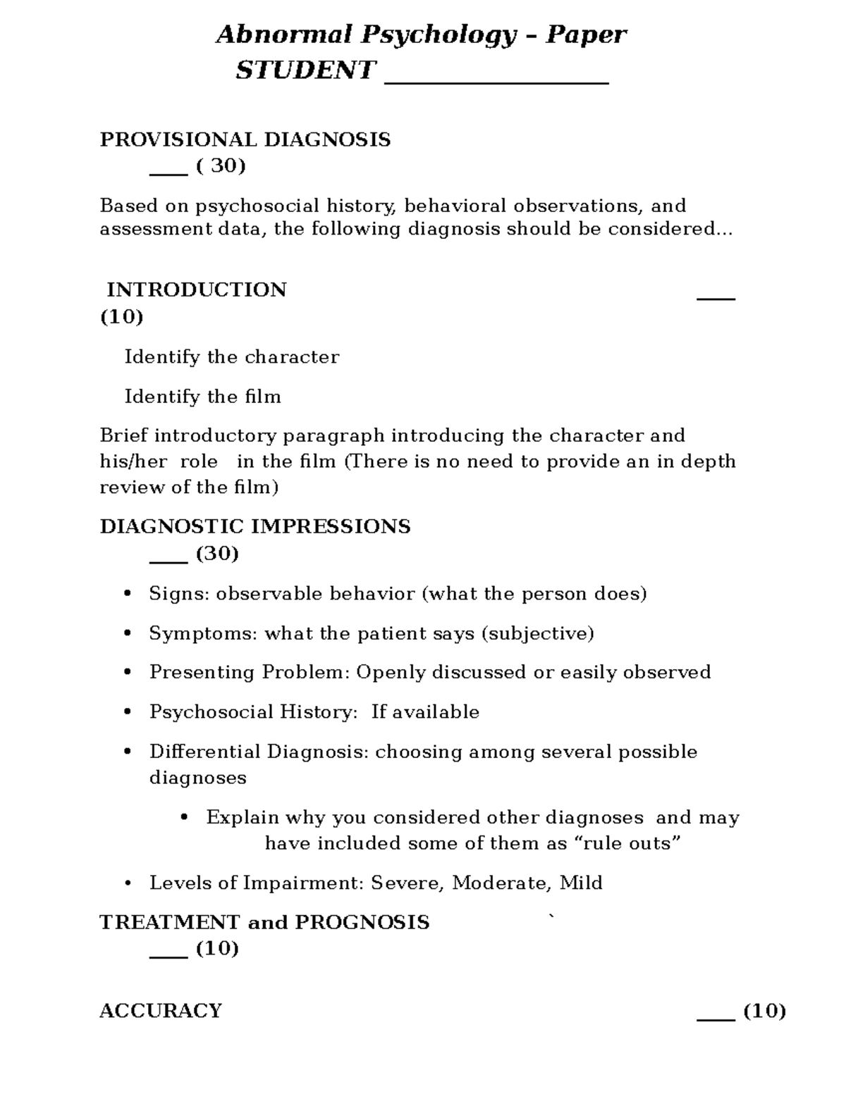 Abnormal Psychology - paper guideline rubric - PSYC 407 - VCU - Studocu