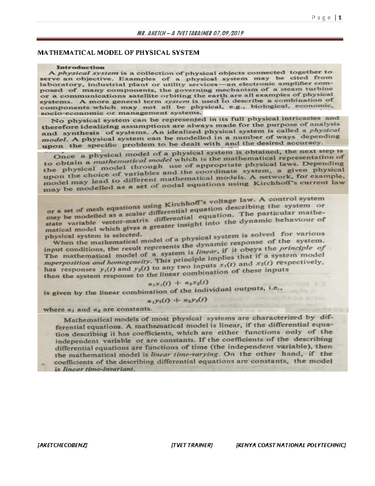 Control Systems - Mathematical Modelling ver1 1-1 - MR. AKETCH – A TVET TARAINER 07 /0 9 / - Studocu