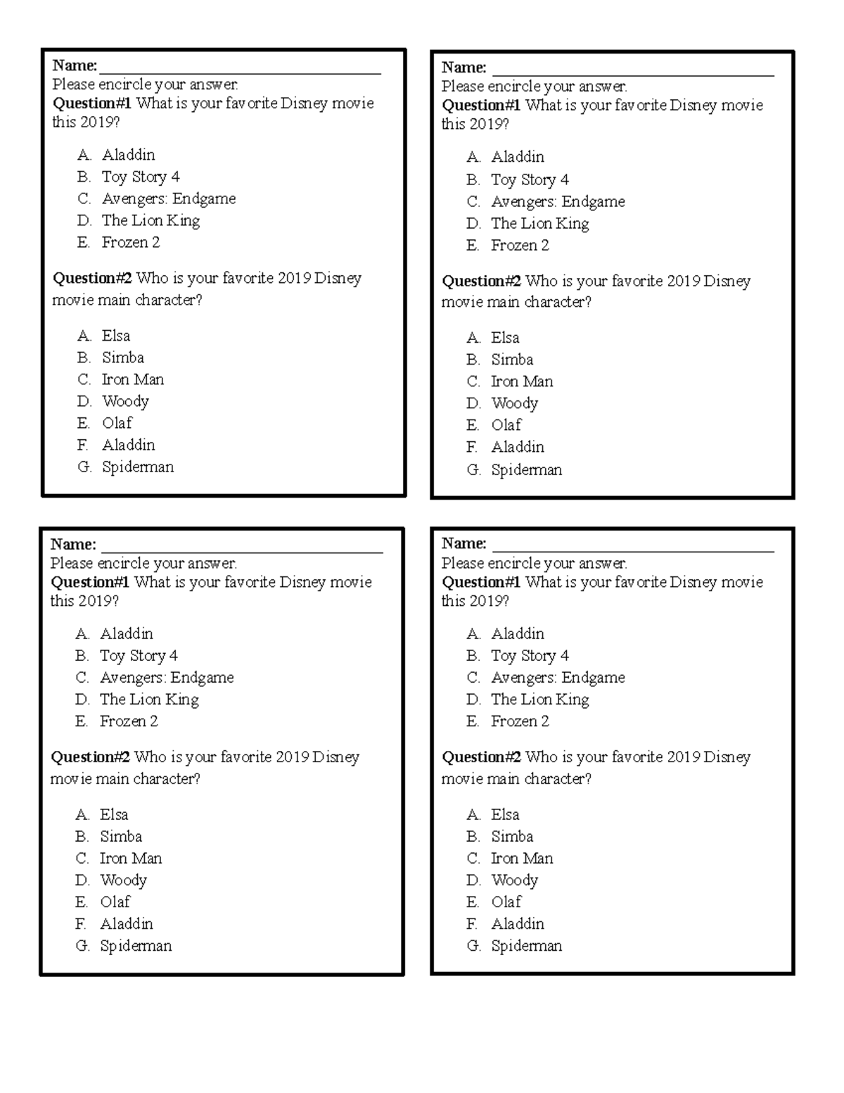 Survey Disney Movie - \ Name: __________________________________ Please ...