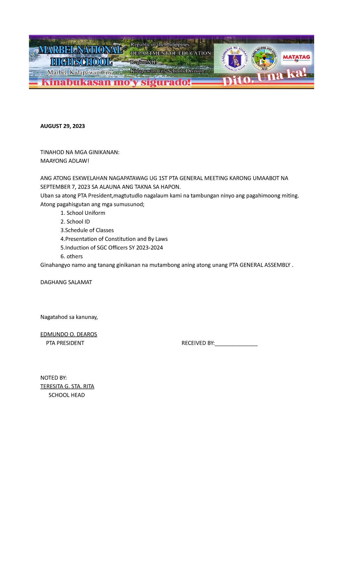 Letters DEPED FOR DIFFERENT ACTIVITIES - AUGUST 29, 2023 TINAHOD NA MGA ...