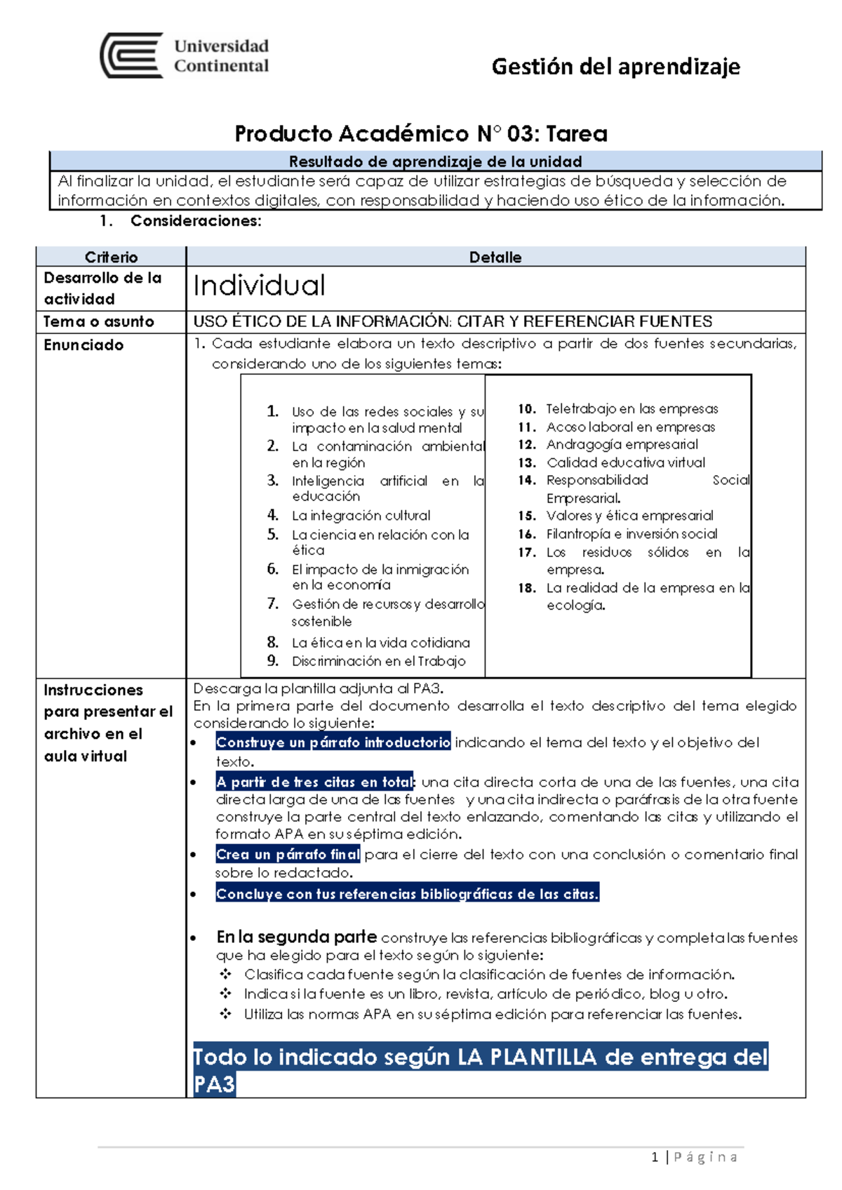 Enunciado del PA3 - Gestión del aprendizaje 1 | P á g i n a Producto Académico N° 03: Tarea ...