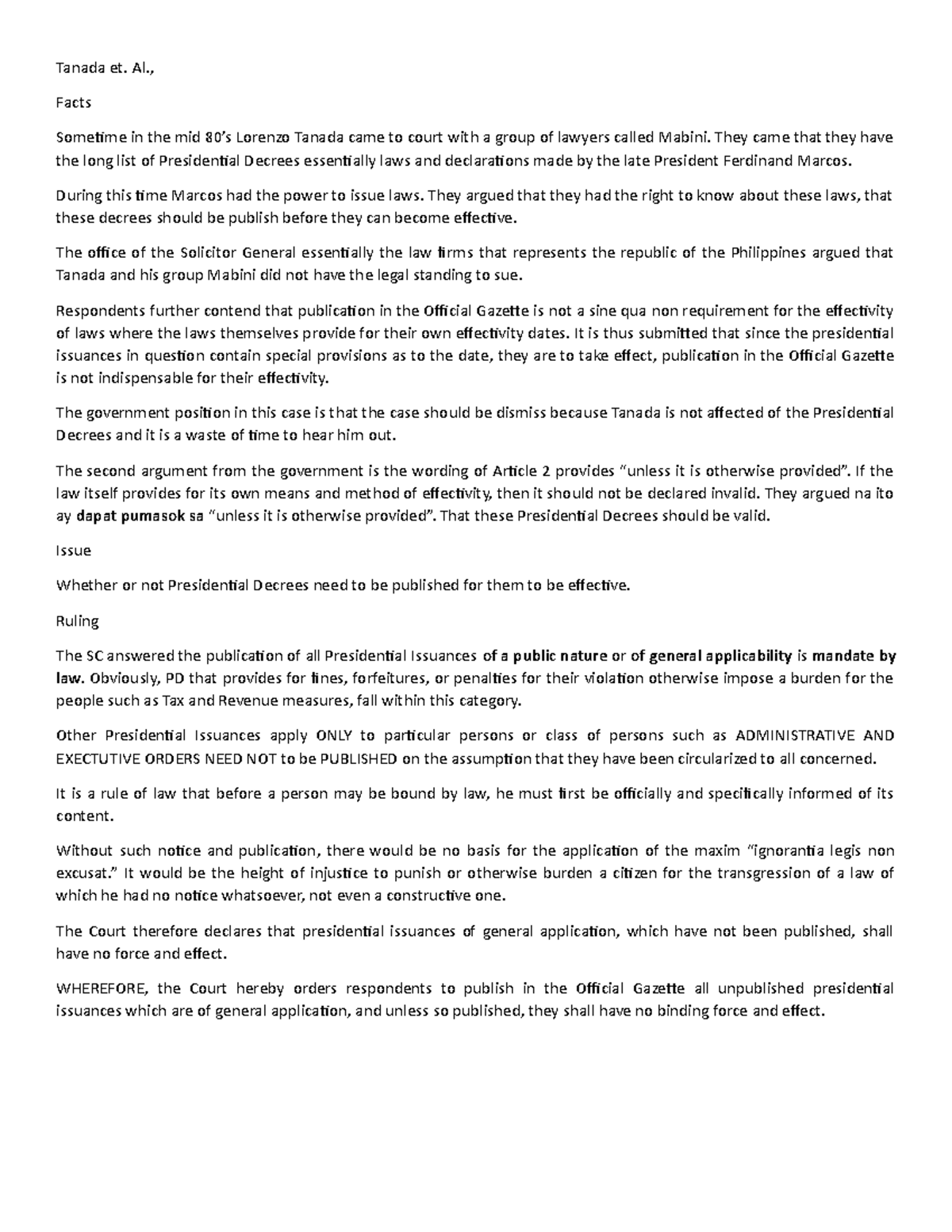 Tanada et - DIGEST - Tanada et. Al., Facts Sometime in the mid 80’s ...