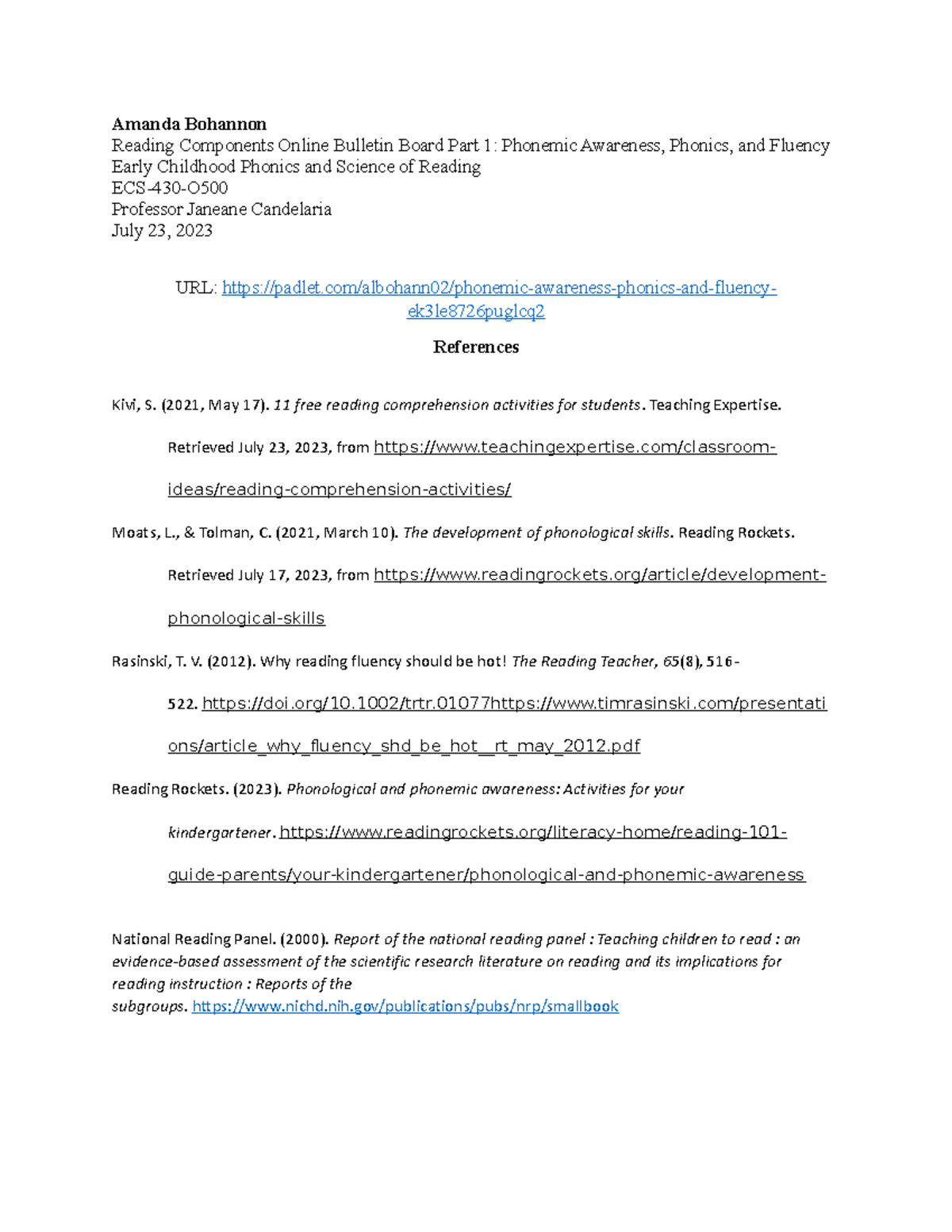 Reading Components Online Bulletin Board Part 1 Phonemic Awareness ...