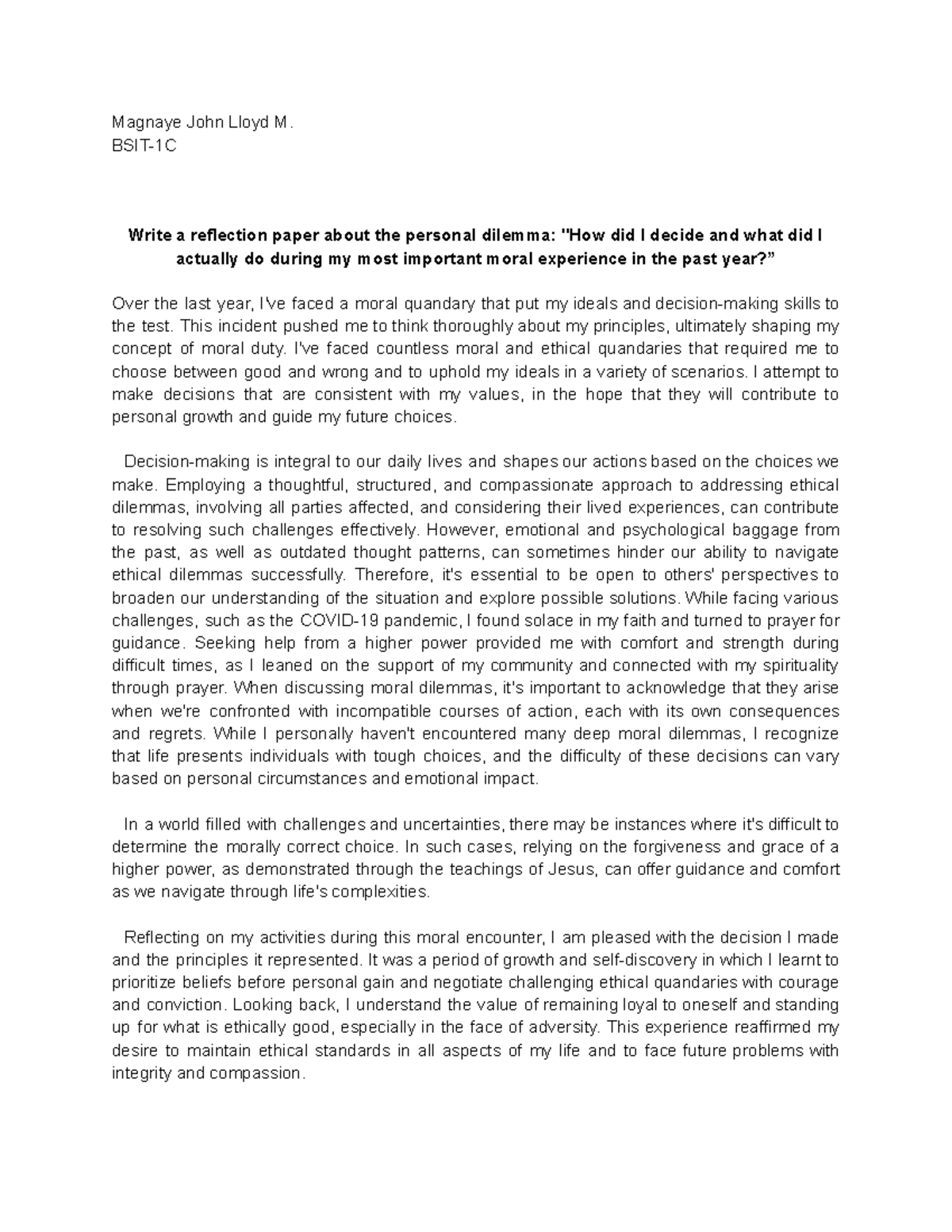 Ethics Reflection - Magnaye John Lloyd M. BSIT-1C Write a reflection ...