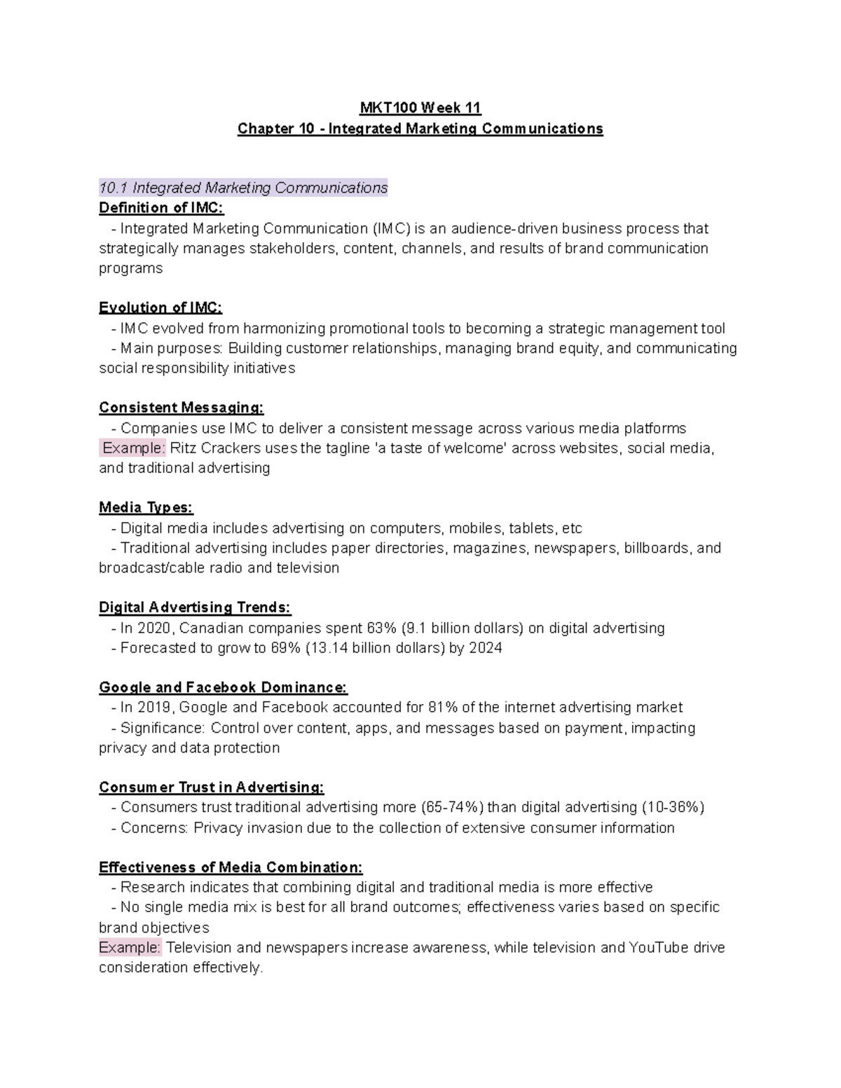 MKT100 Week 11 Notes - chapter 10 - MKT 100 Week 11 Chapter 10 ...
