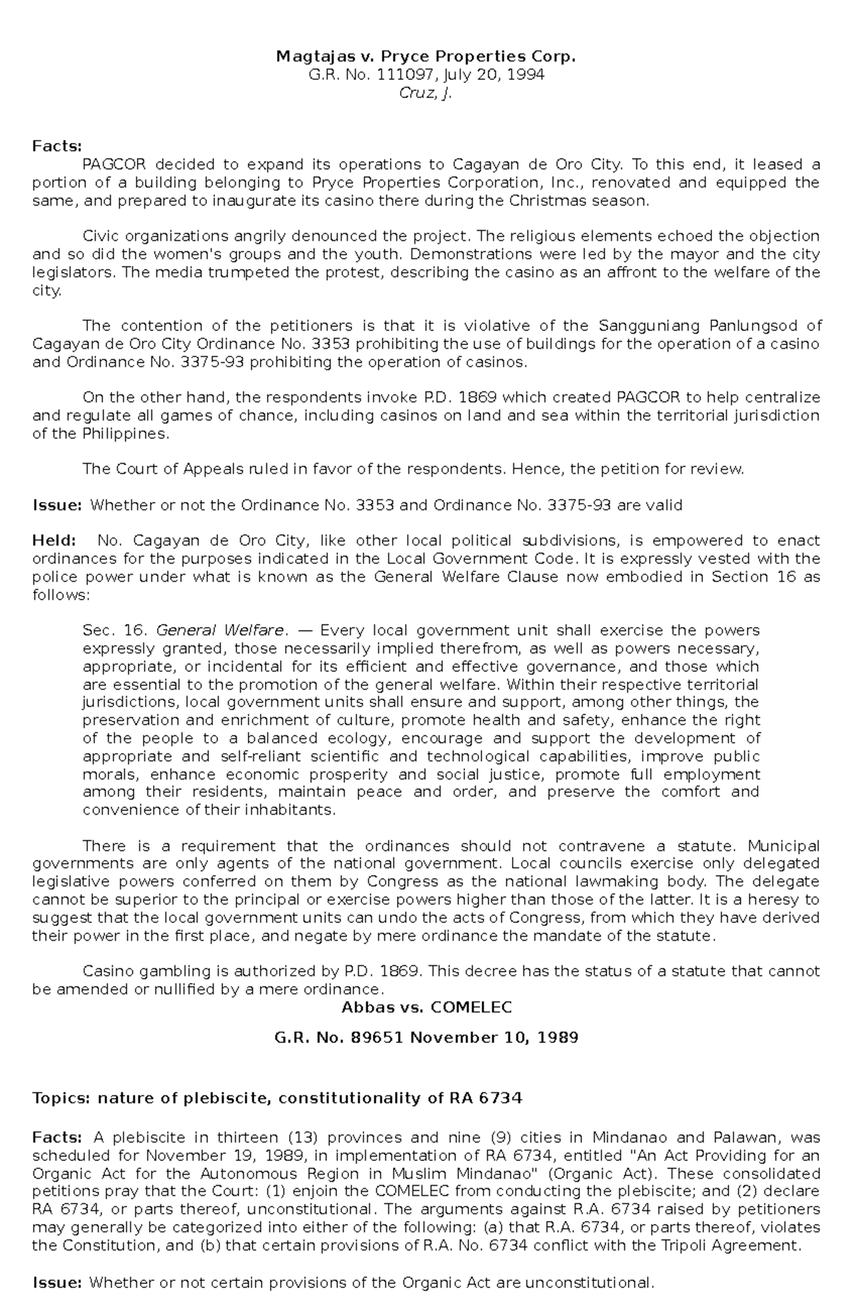 Publoc copr case digest 1 - Magtajas v. Pryce Properties Corp. G. No ...