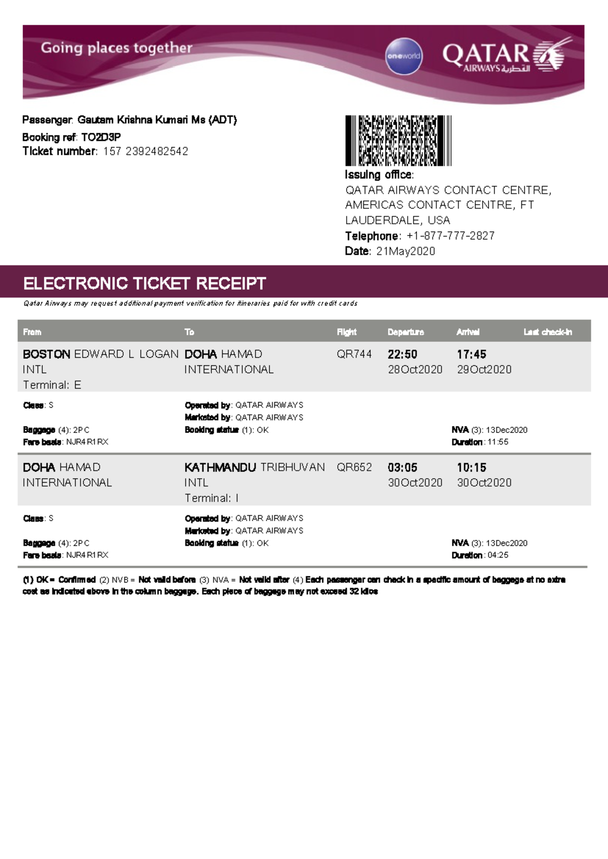 Return ticket - do it - Issuing office: QATAR AIRWAYS CONTACT CENTRE ...