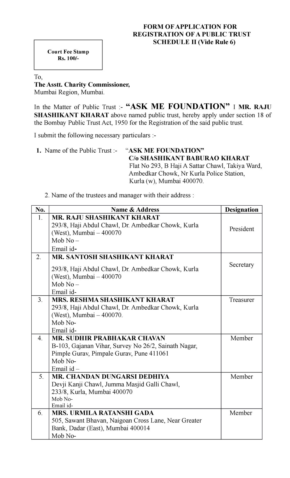 Foundation Reshma Kharat - FORM OF APPLICATION FOR REGISTRATION OF A ...