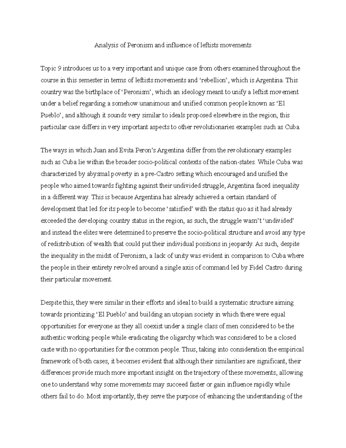 Analysis of leftists movements LAC - Analysis of Peronism and influence ...