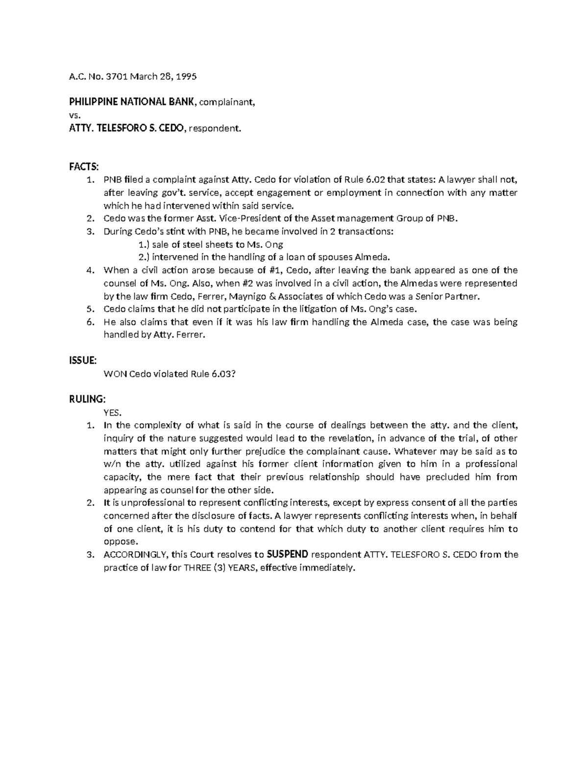 Philippine National Bank vs Cedo - A. No. 3701 March 28, 1995 ...