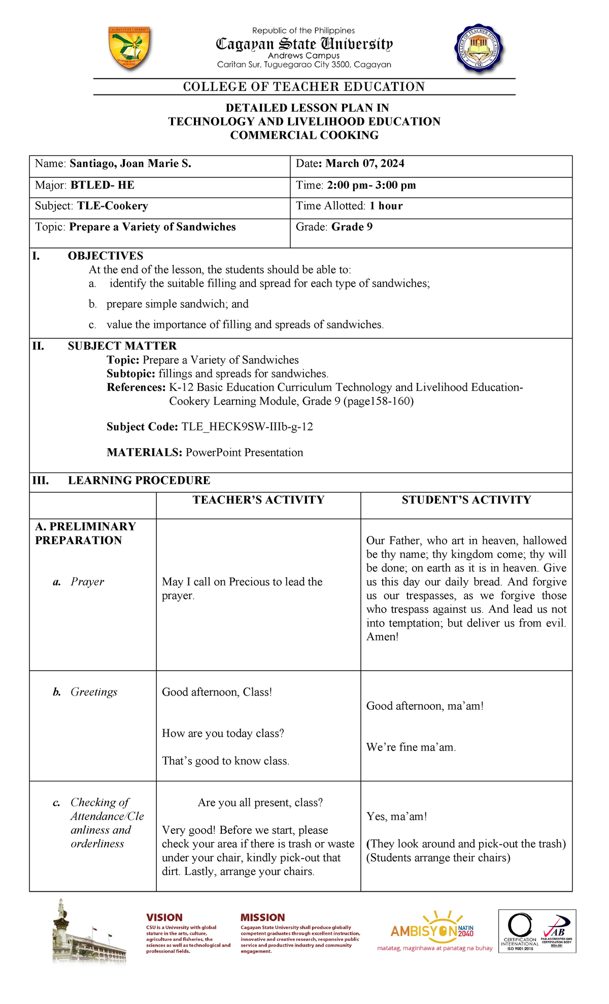 DLP 3 - cookery - DETAILED LESSON PLAN IN TECHNOLOGY AND LIVELIHOOD ...