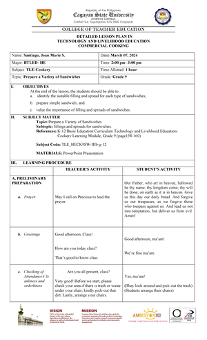 DLP 1 - COOKERY - DETAILED LESSON PLAN IN TECHNOLOGY AND LIVELIHOOD ...