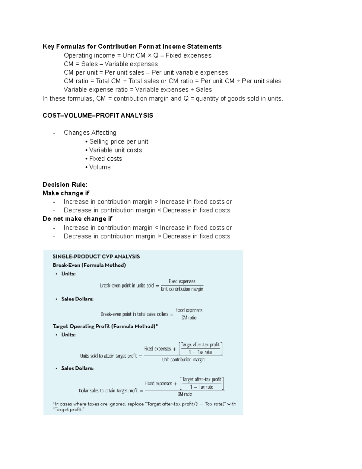 Adm 2341 ch.4 formula sheet - Key Formulas for Contribution Format ...