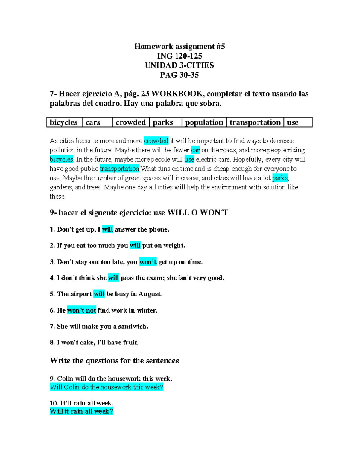 Homework assignment 5, unit 3, 120 - Homework assignment ING 120- UNIDAD 3-CITIES PAG 30- 7 ...