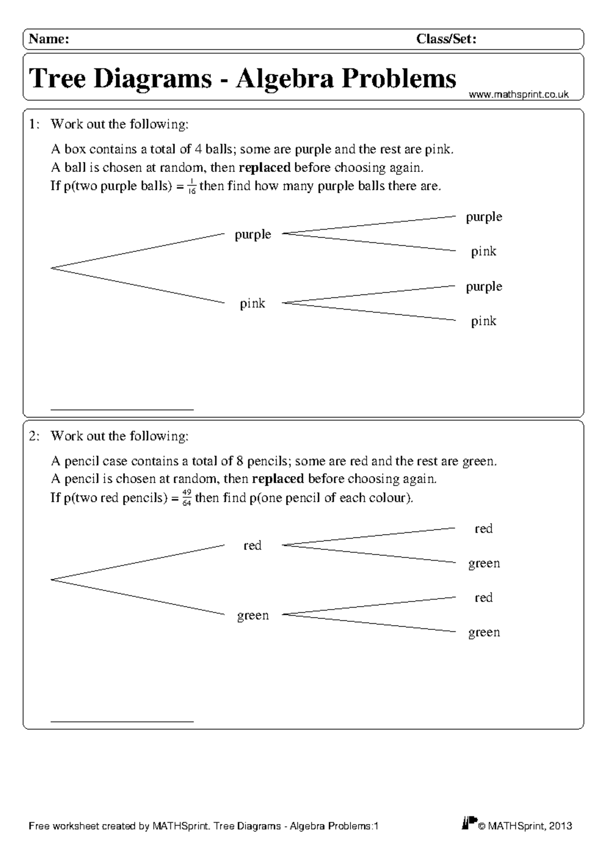 P tree diagrams algebra problems - Name: Class/Set: Tree Diagrams ...