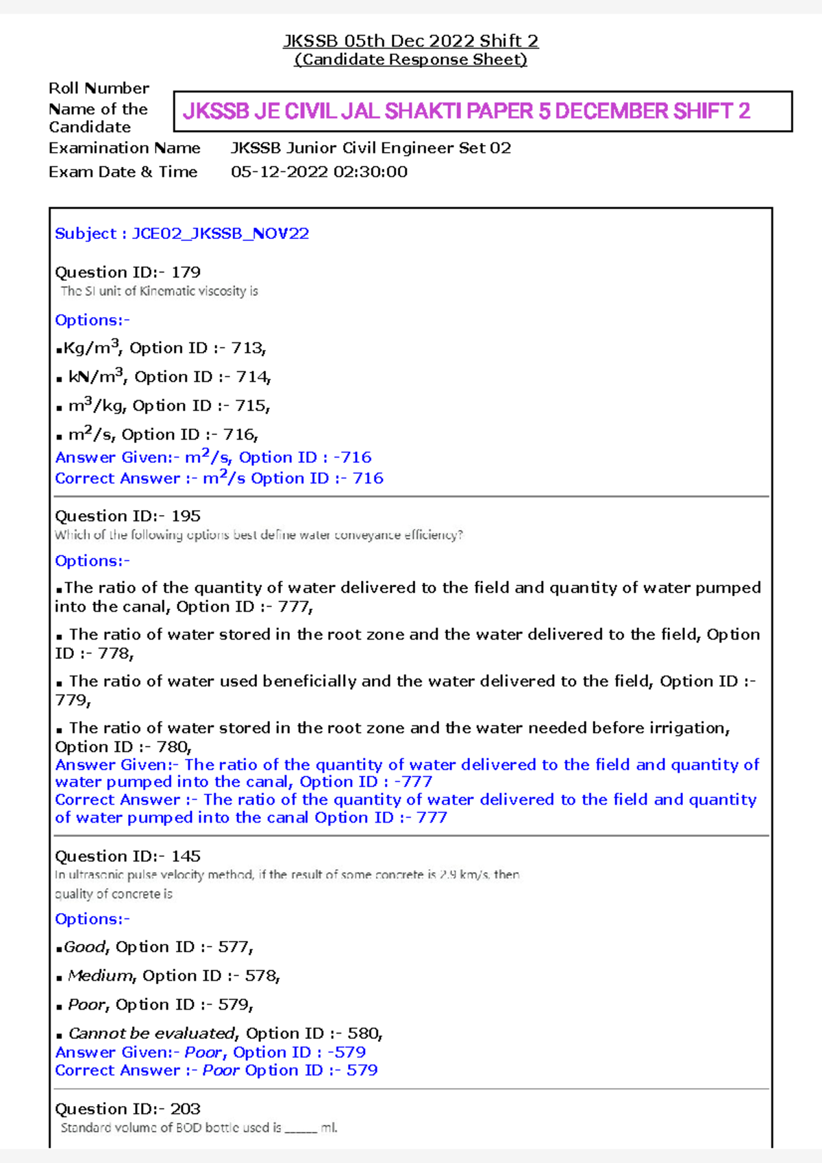 Jkssb JE Civil JAL Shakti Paper 5 December Shift 2 - JKSSB 05th Dec ...