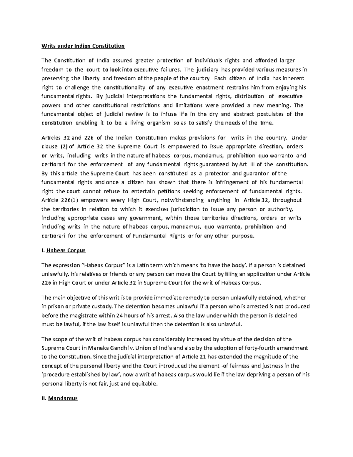 23fadwrit - Writs under Indian Constitution - Studocu