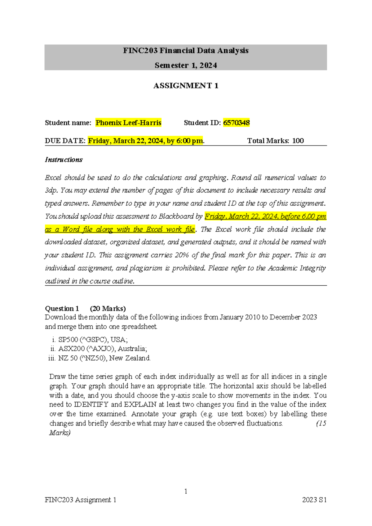 FINC203 Assignment 1 2024 - FINC203 Financial Data Analysis Semester 1 ...