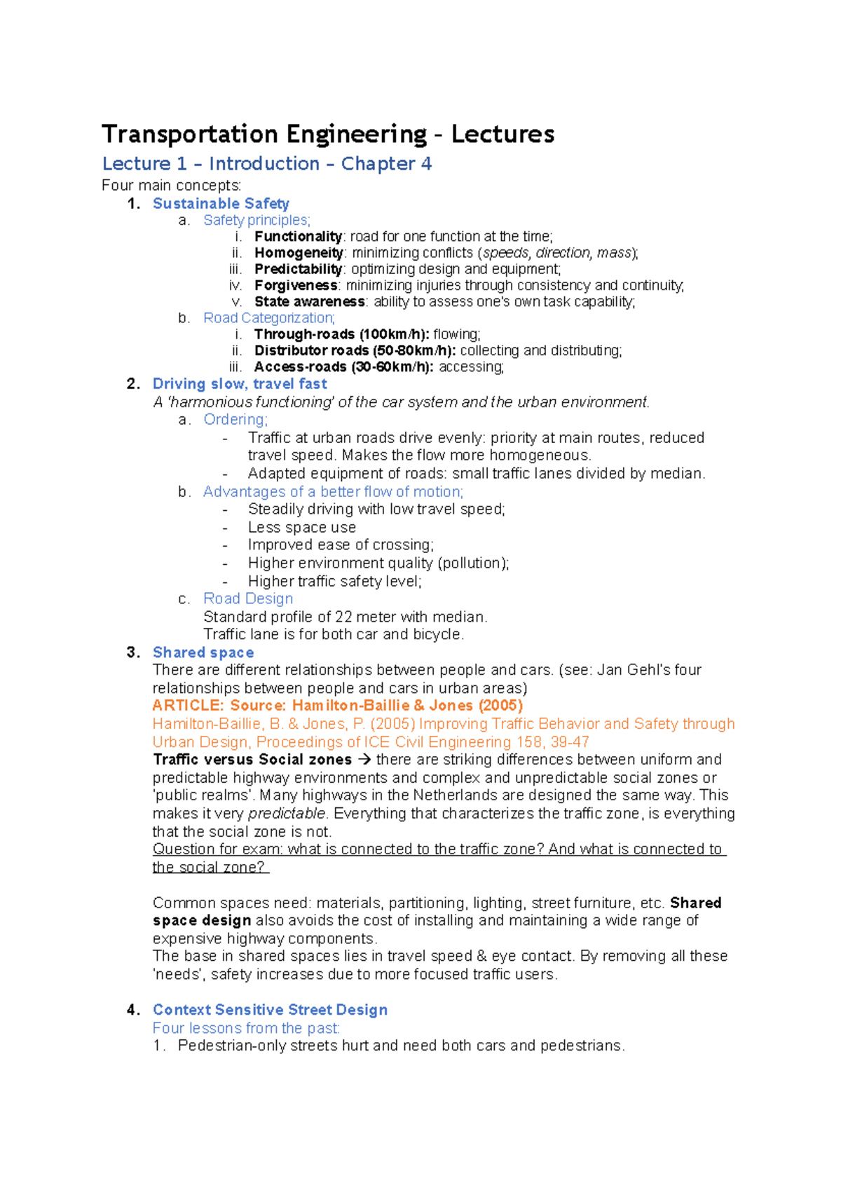 7W9X0 Lecture Summaries - Transportation Engineering – Lectures Lecture 1 – Introduction ...