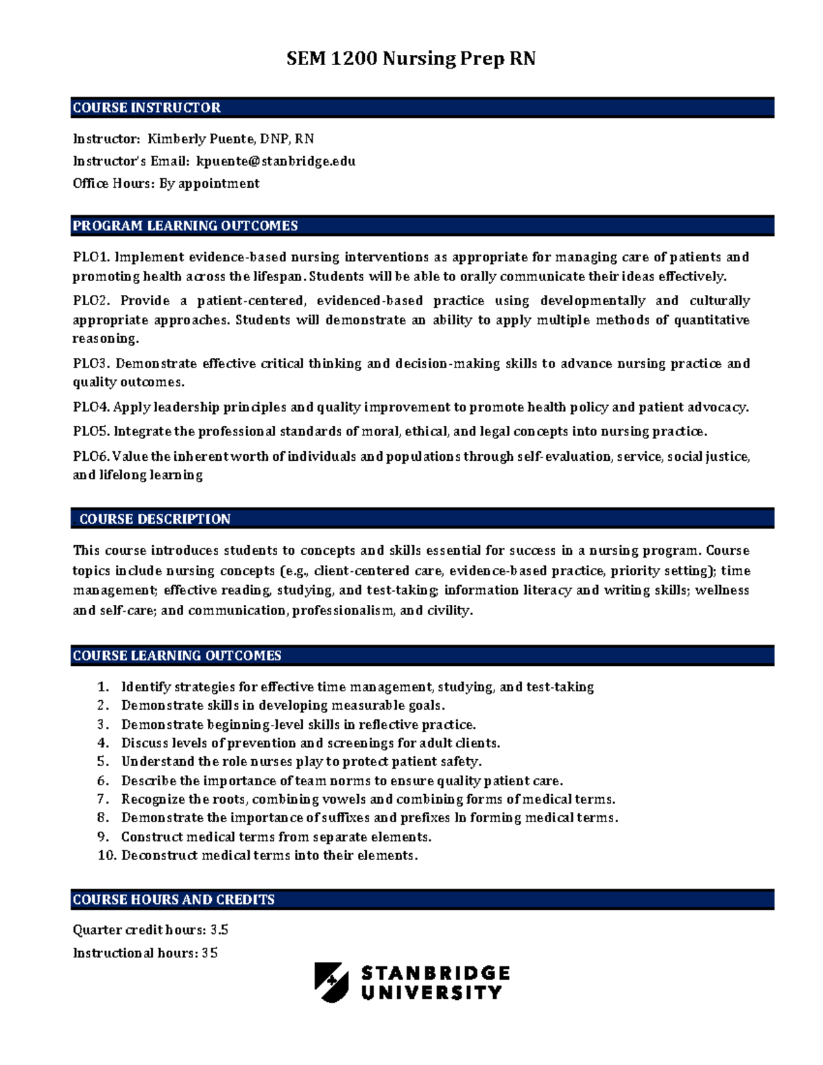 SEM 1200 Nursing Prep RN Course Syllabus ( Bsnla 007) - .. COURSE INSTRUCTOR Instructor ...