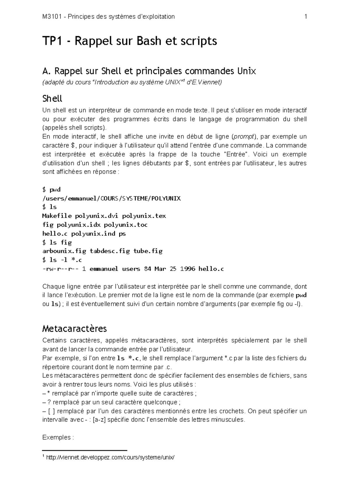 M3101 TP1 - Question sur le fonctionnement d'un système d'exploitation - TP1 ‐ Rappel sur Bash ...