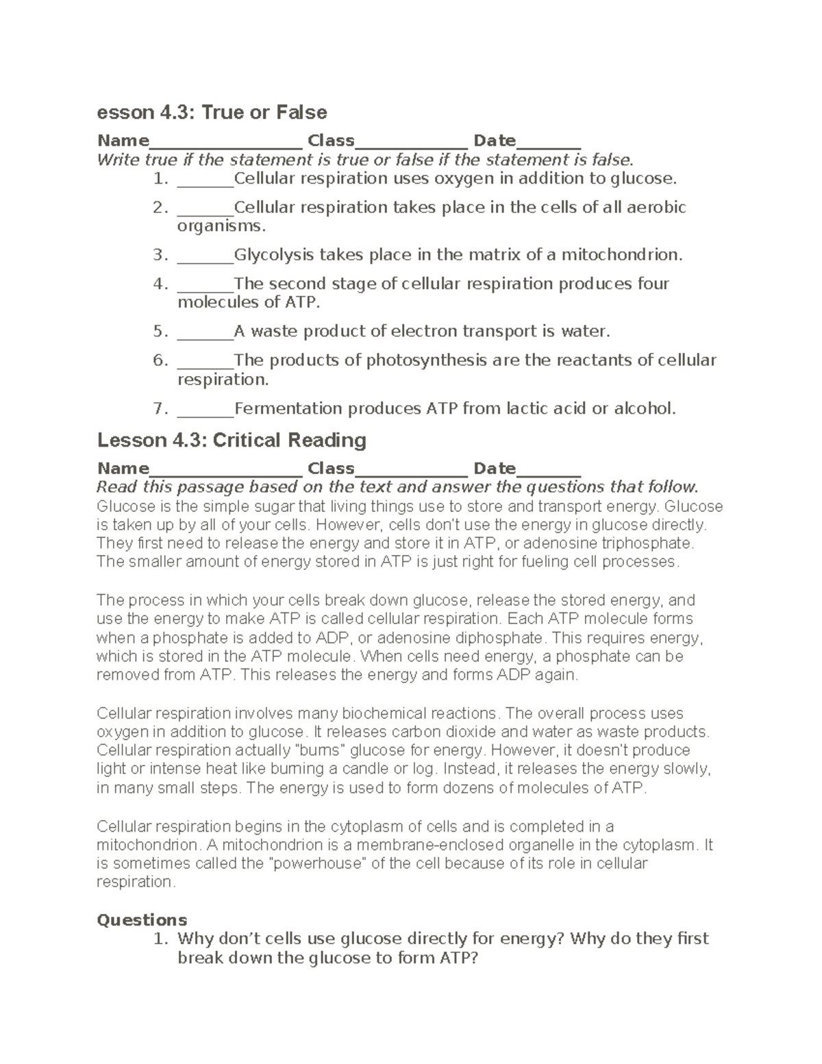 Cell respiration worksheet - esson 4: True or False Name ...
