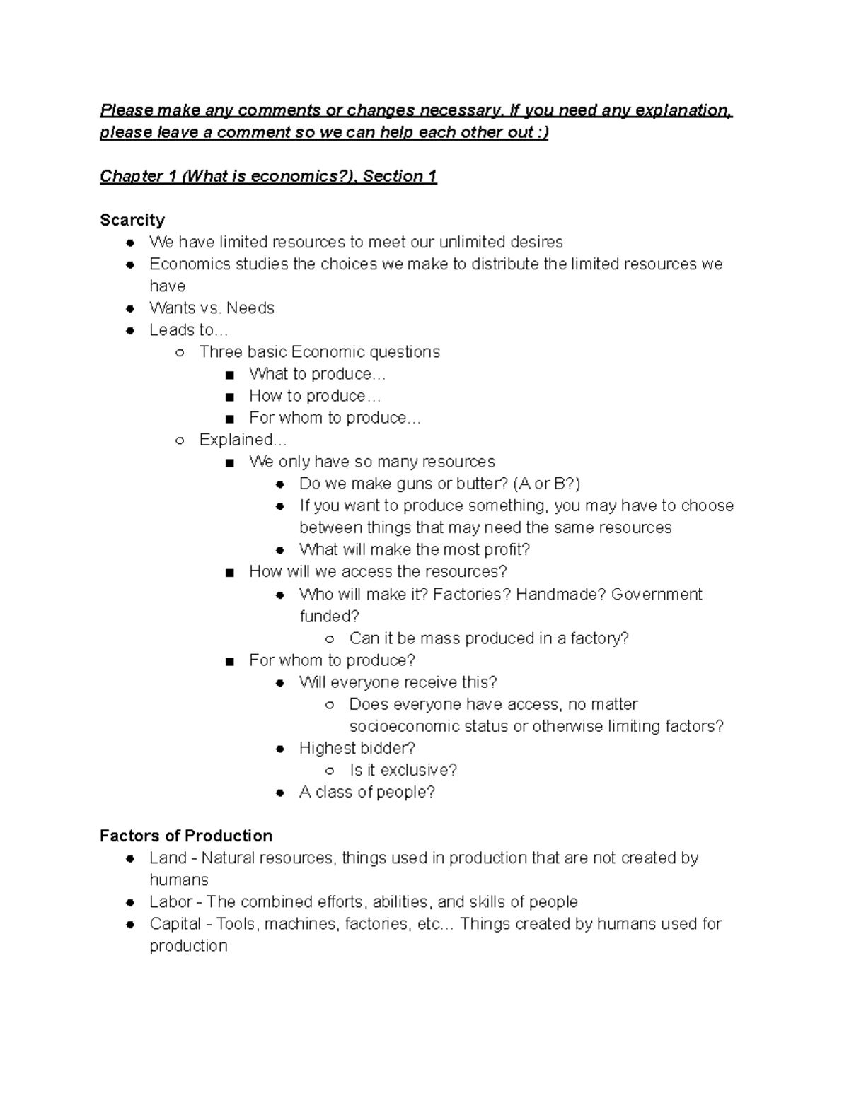 Economics Notes - Please make any comments or changes necessary. If you ...
