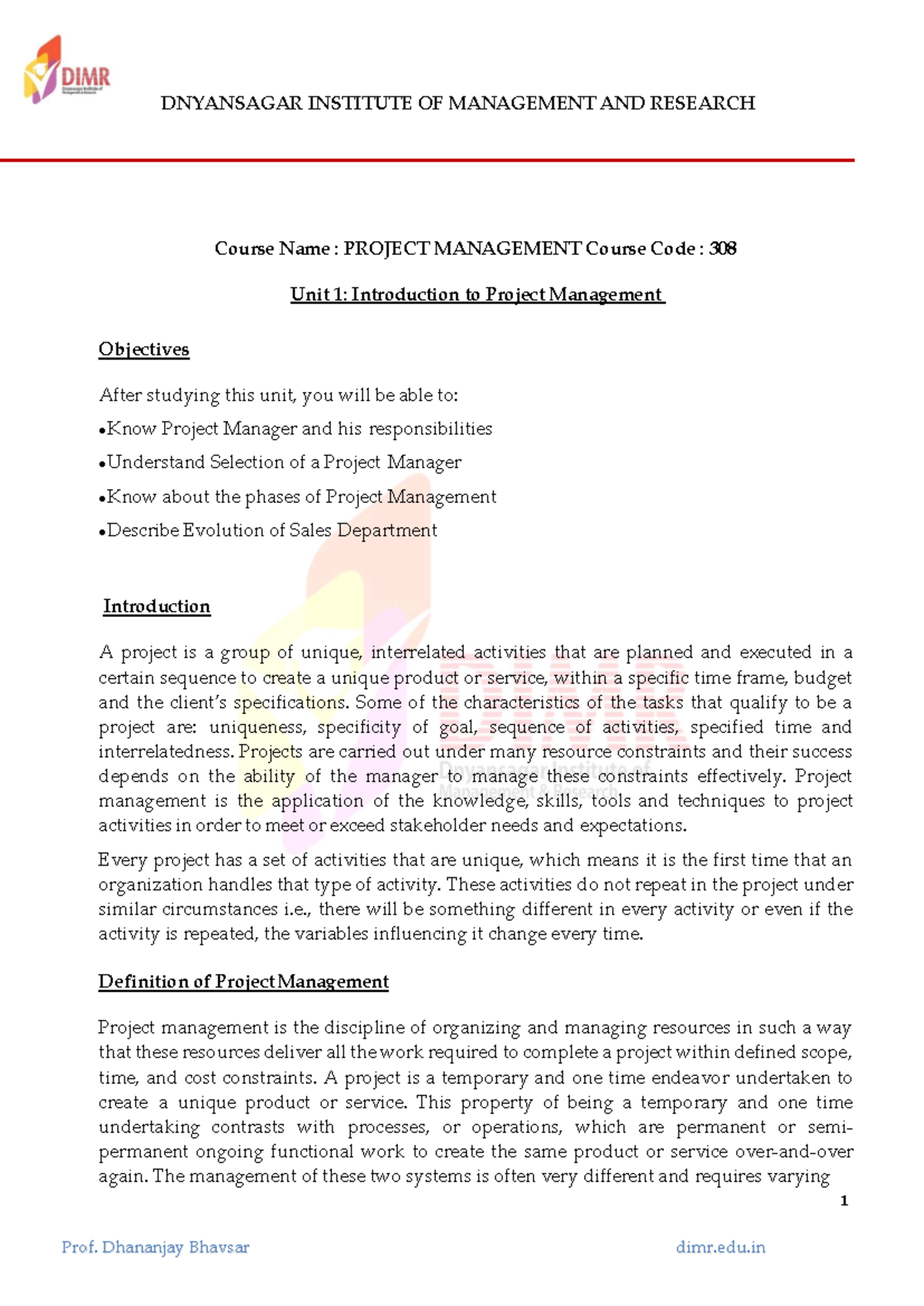 GE UL 308 Notes - 1 Prof. Dhananjay Bhavsar dimr.edu Course Name ...