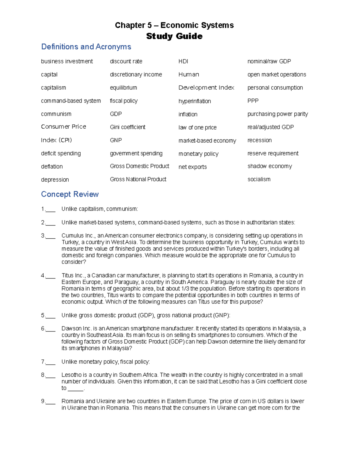 Study Guide 05 - Economic Systems - Chapter 5 – Economic Systems Study ...