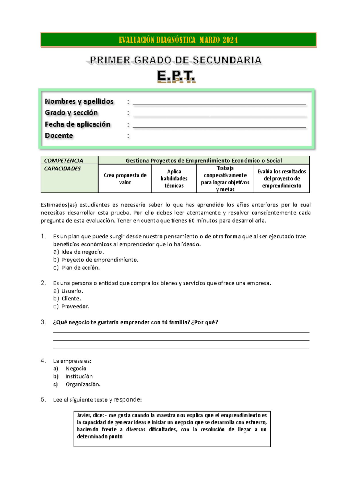 Evaluación Diagnóstica DE EPT 1° Secun. HZG - COMPETENCIA Gestiona ...