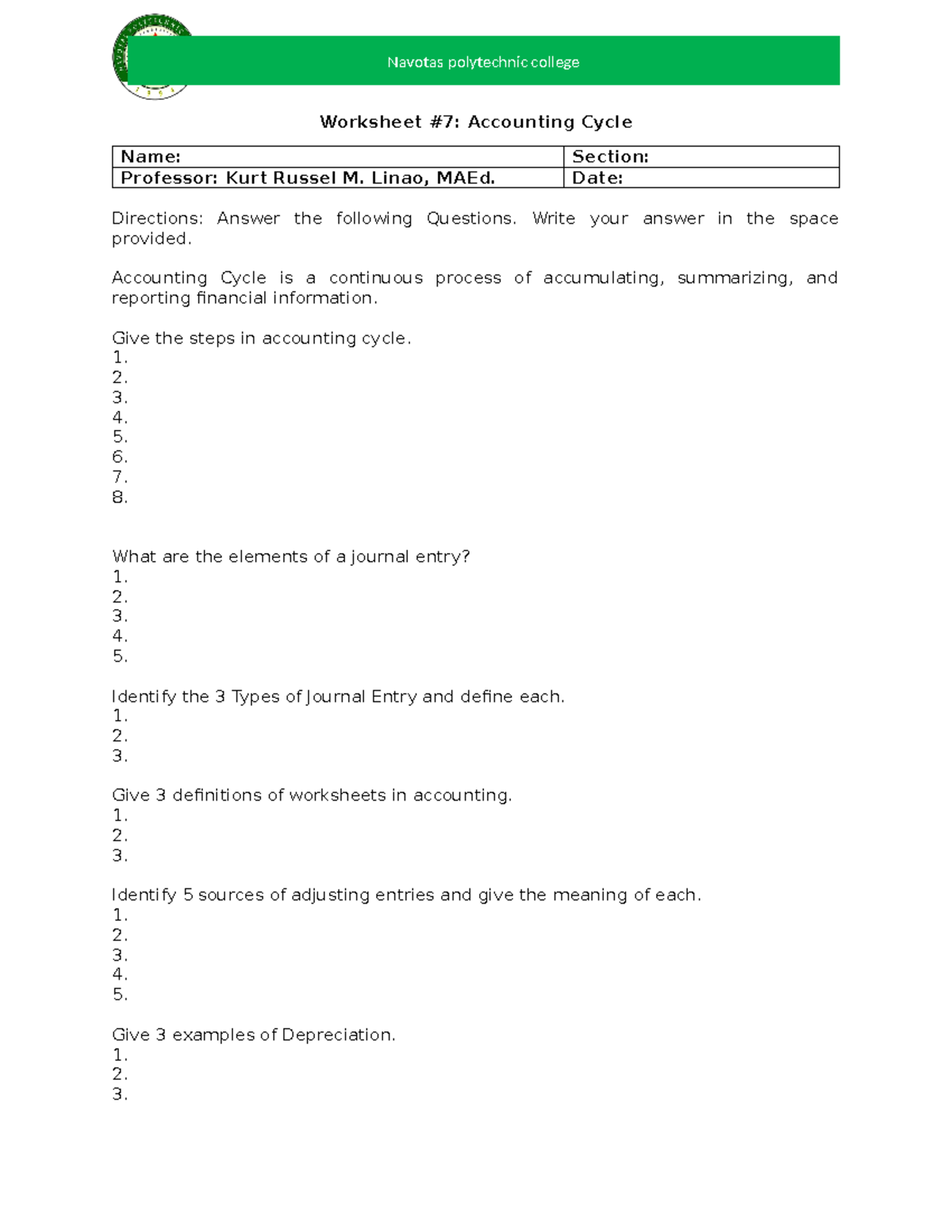 Worksheet 7 Accounting CYcle - Worksheet #7: Accounting Cycle Name ...
