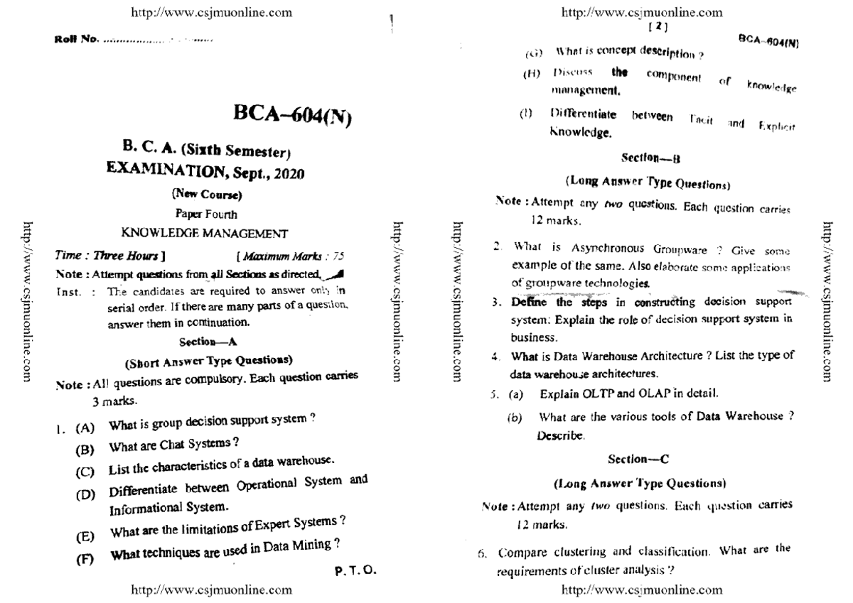 Bca 6 sem knowledge management bca 604 n sep 2020 - Studocu