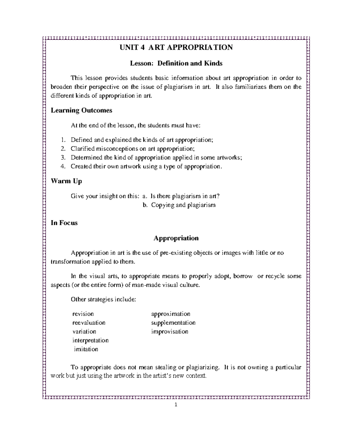 U4L1 - This lesson provides students basic information about art ...
