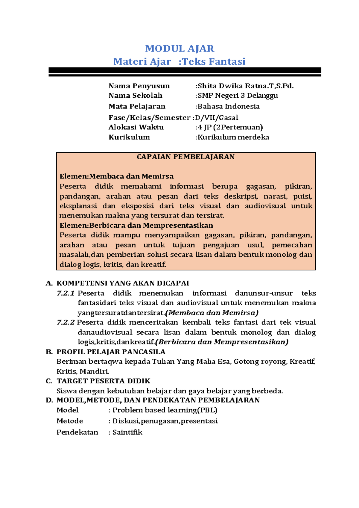Modul AJAR - CAPAIAN PEMBELAJARAN Elemen:Membaca dan Memirsa Peserta ...