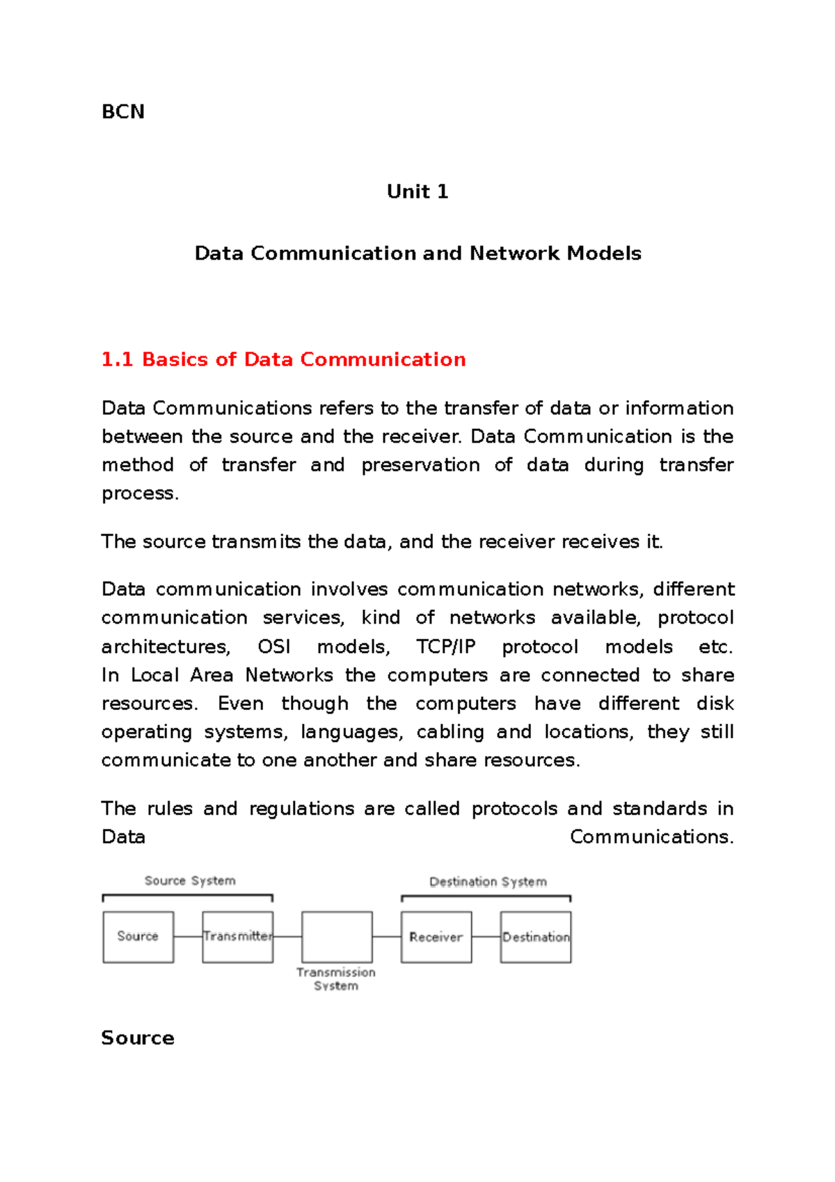 Unit 1 Notes - BCN unit 1 - BCN Unit 1 Data Communication and Network ...