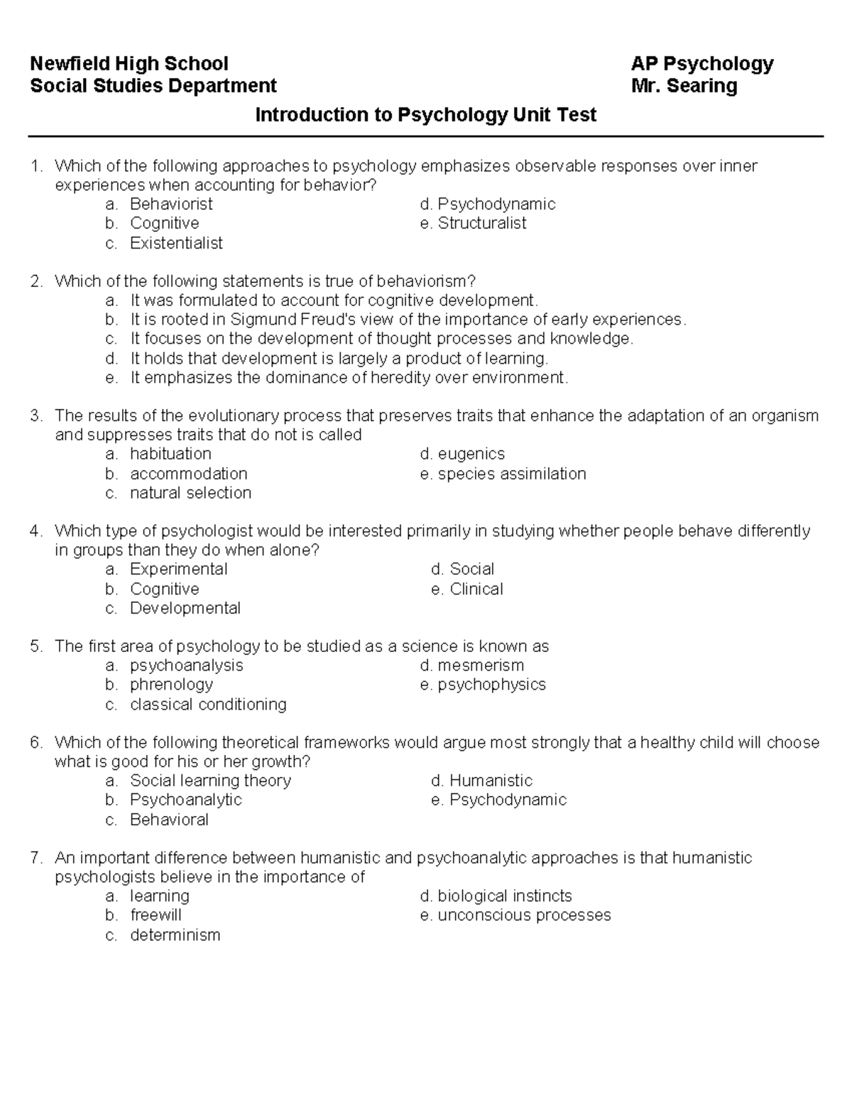 Psych exam 101 answer key - Newfield High School AP Psychology Social ...