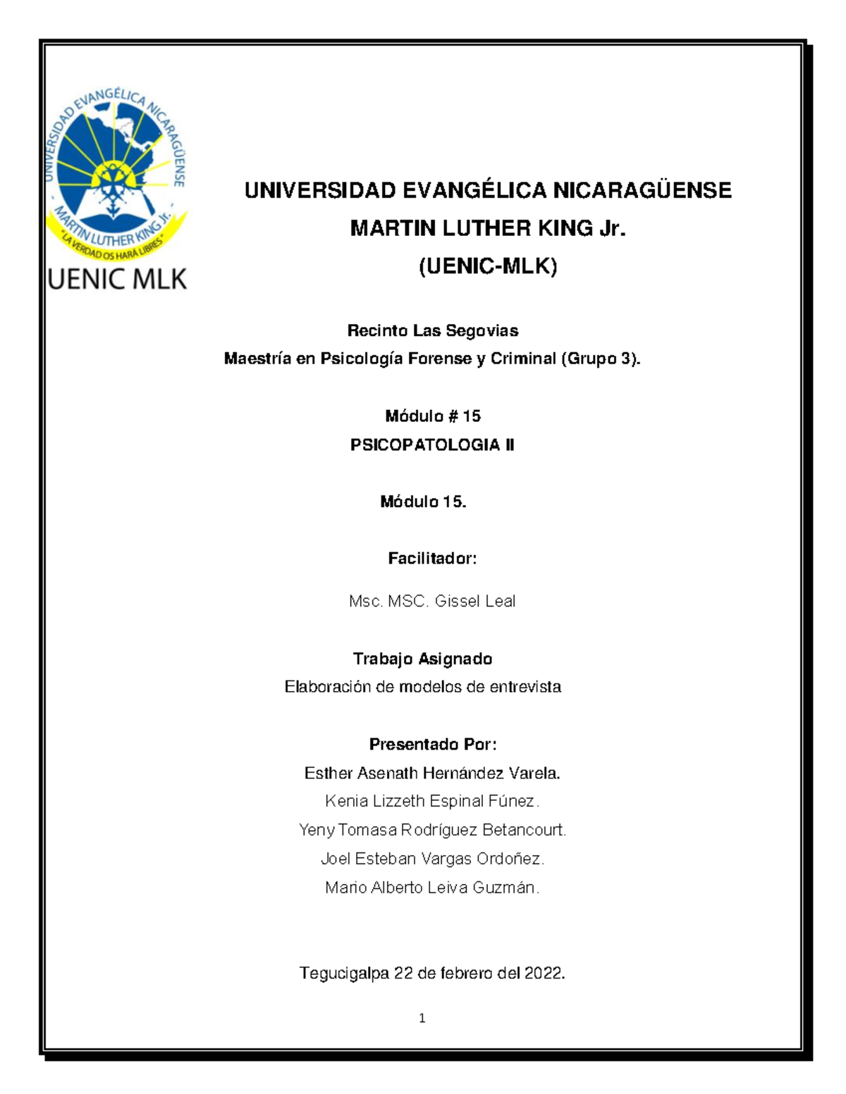 Trabajo Psicopatologia II - UNIVERSIDAD EVANGÉLICA NICARAGÜENSE MARTIN ...