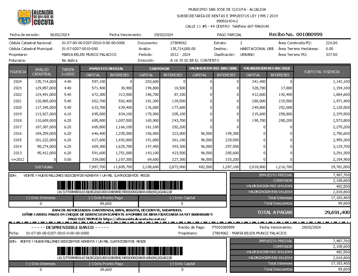 Predial - MUNICIPIO SAN JOSE DE CUCUTA - ALCALDIA Cédula Catastral ...