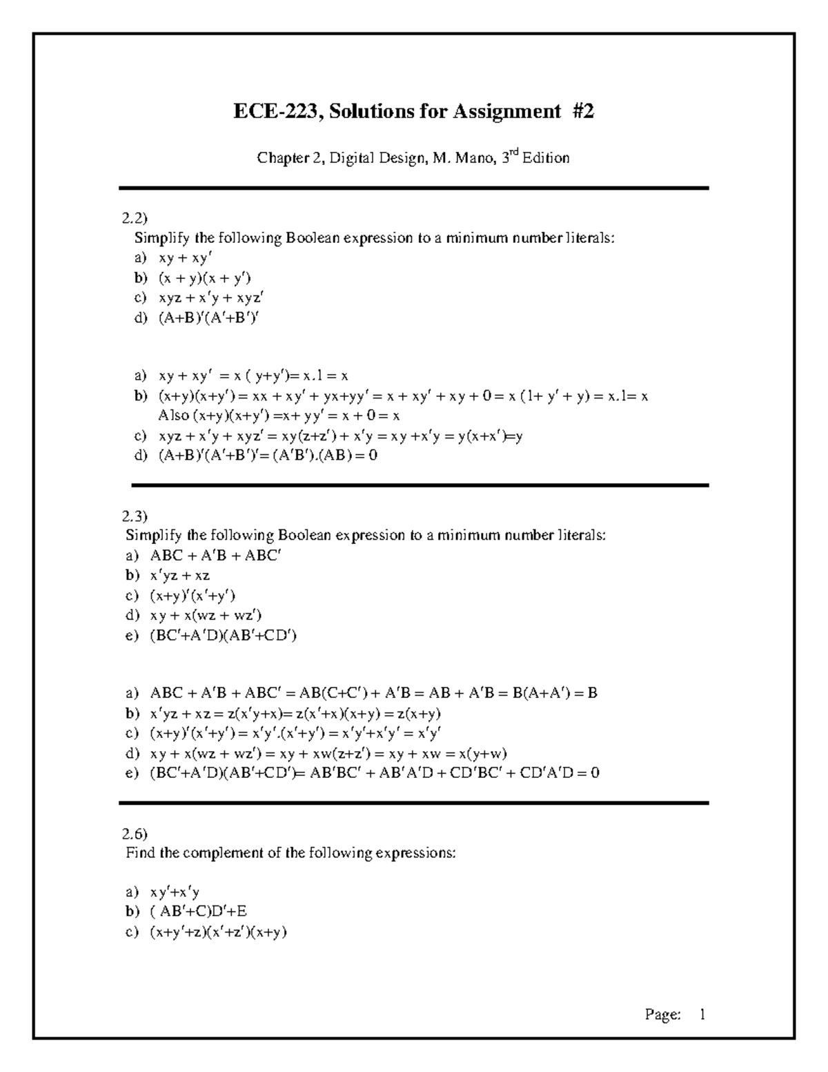 Assignment 2 solution 3rd edition - ECE-223, Solutions for Assignment ...